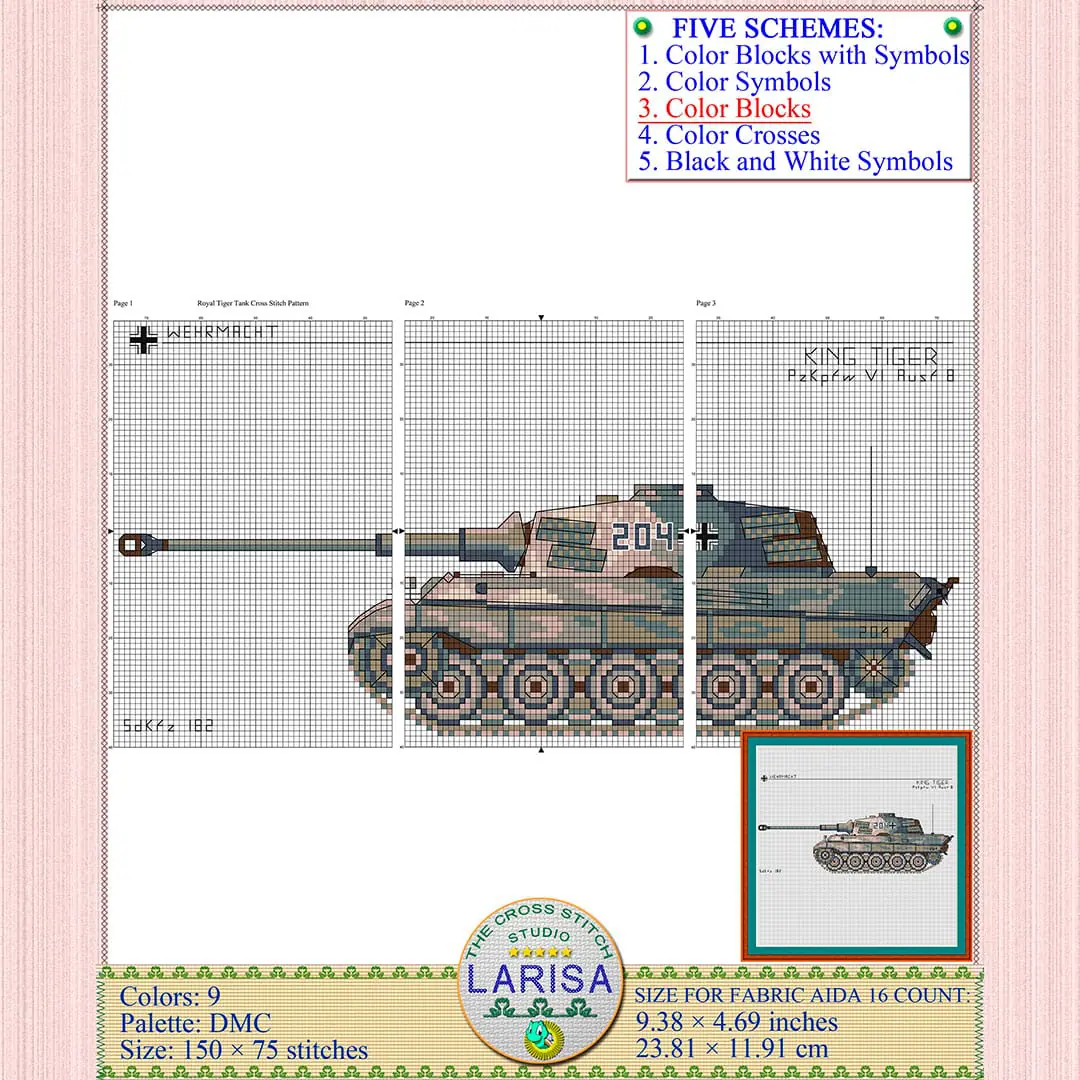 Royal Tiger Cross Stitch Pattern | German Tiger II Tank Chart - Crealandia