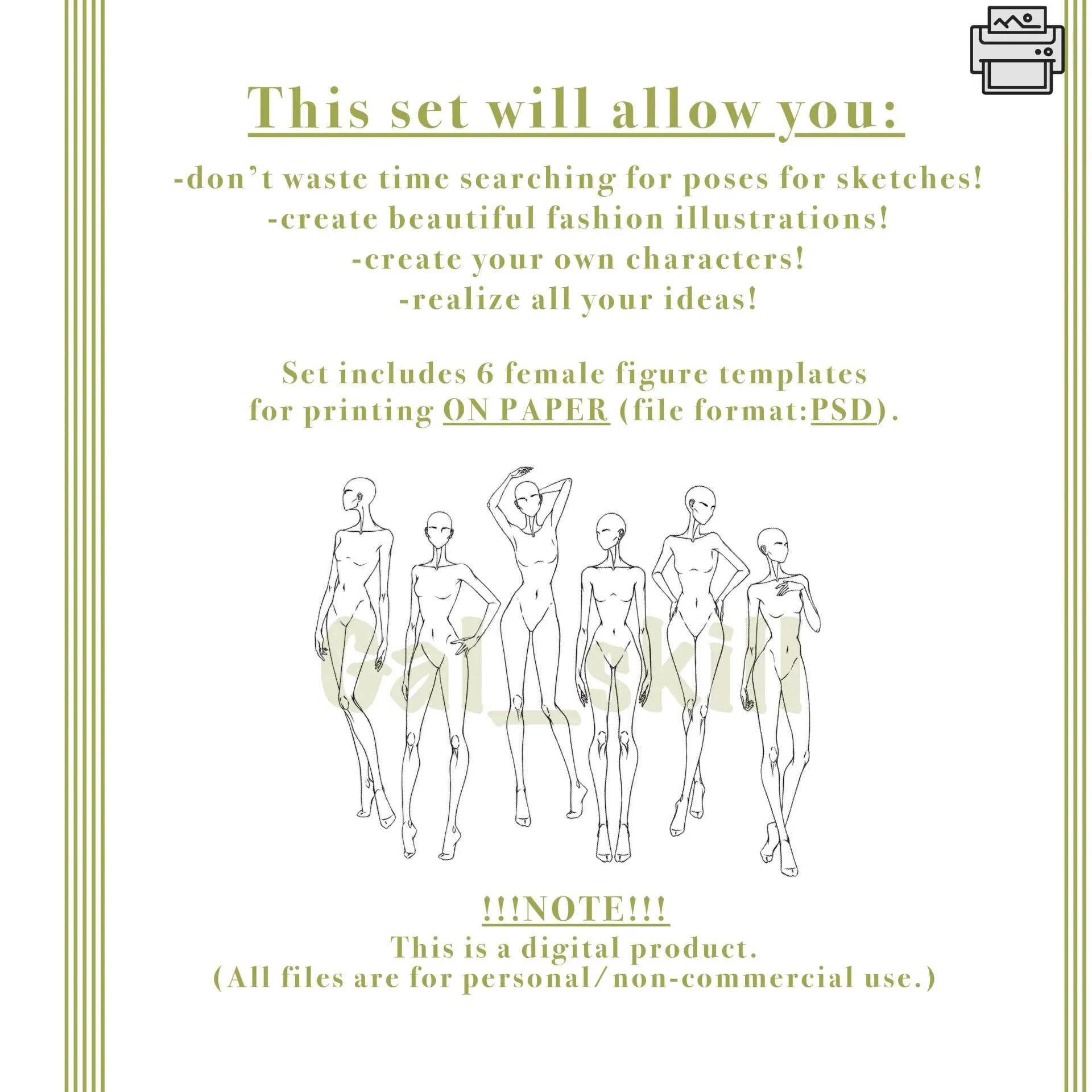 Templates, Body poses of female figure, set Front view 2 - Crealandia