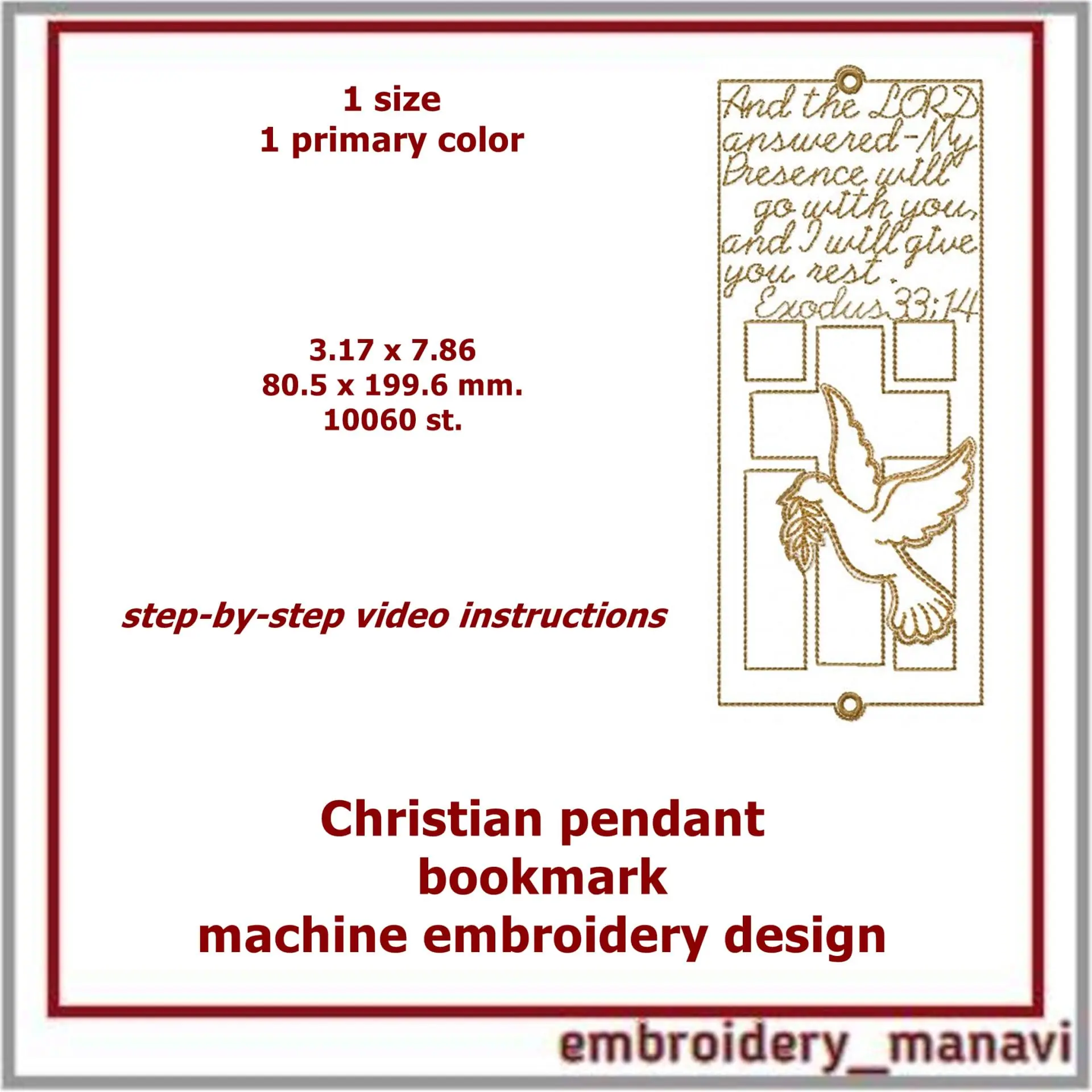 Christian embroidery Design - pendant or bookmark Cross - Crealandia