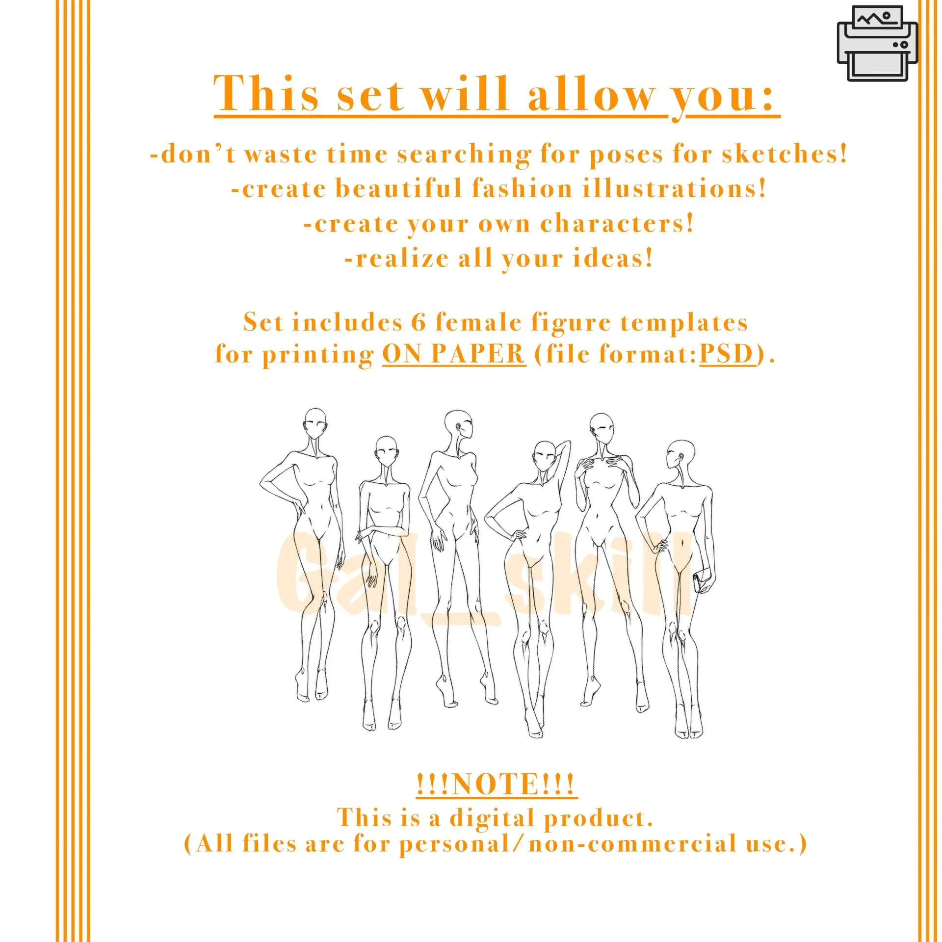 Templates, Body poses of female figure, set Front view 1 - Crealandia