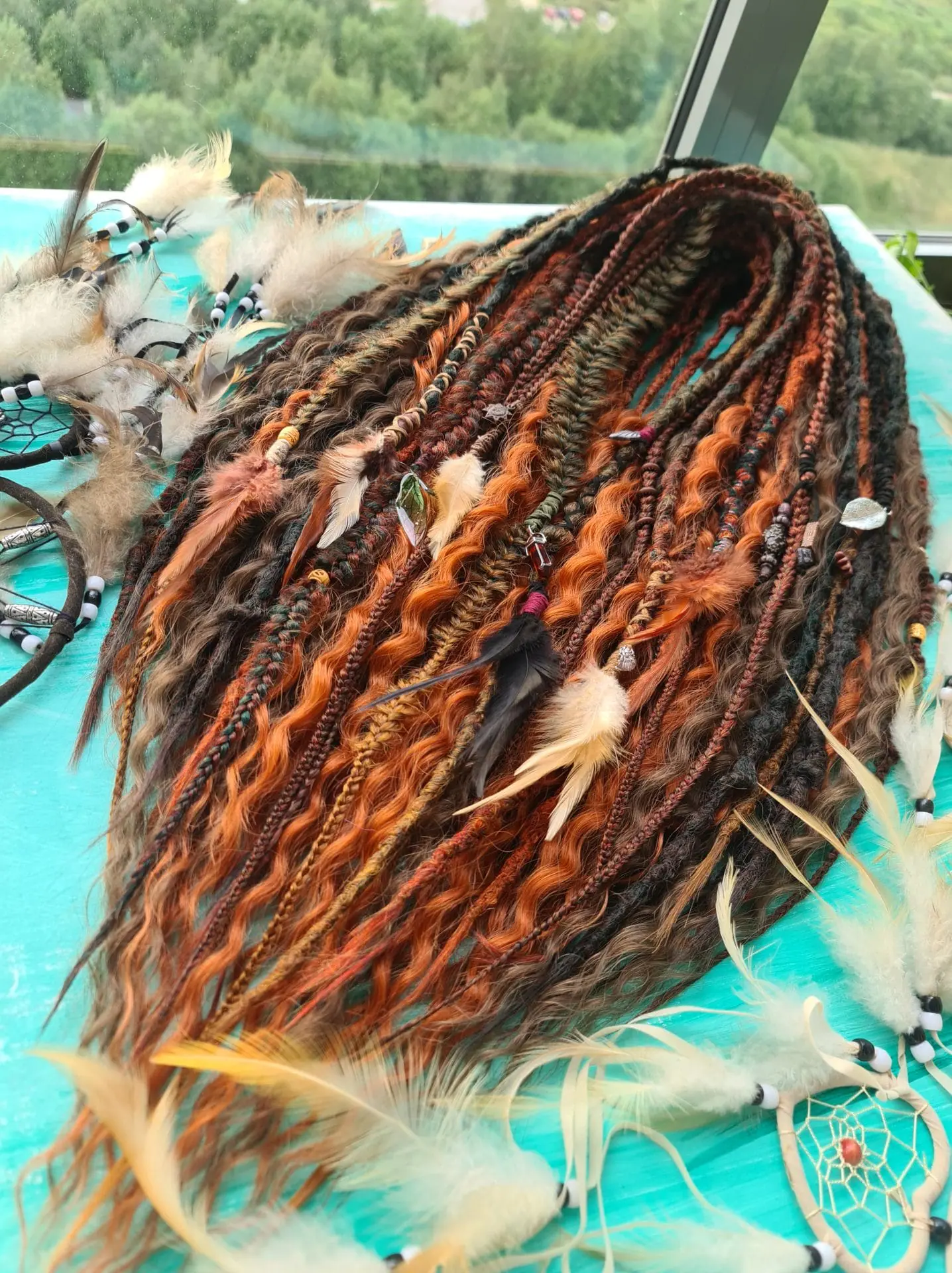 Ginger Brown Green mix of Synthetic dreadlocks, Curly locks - Crealandia