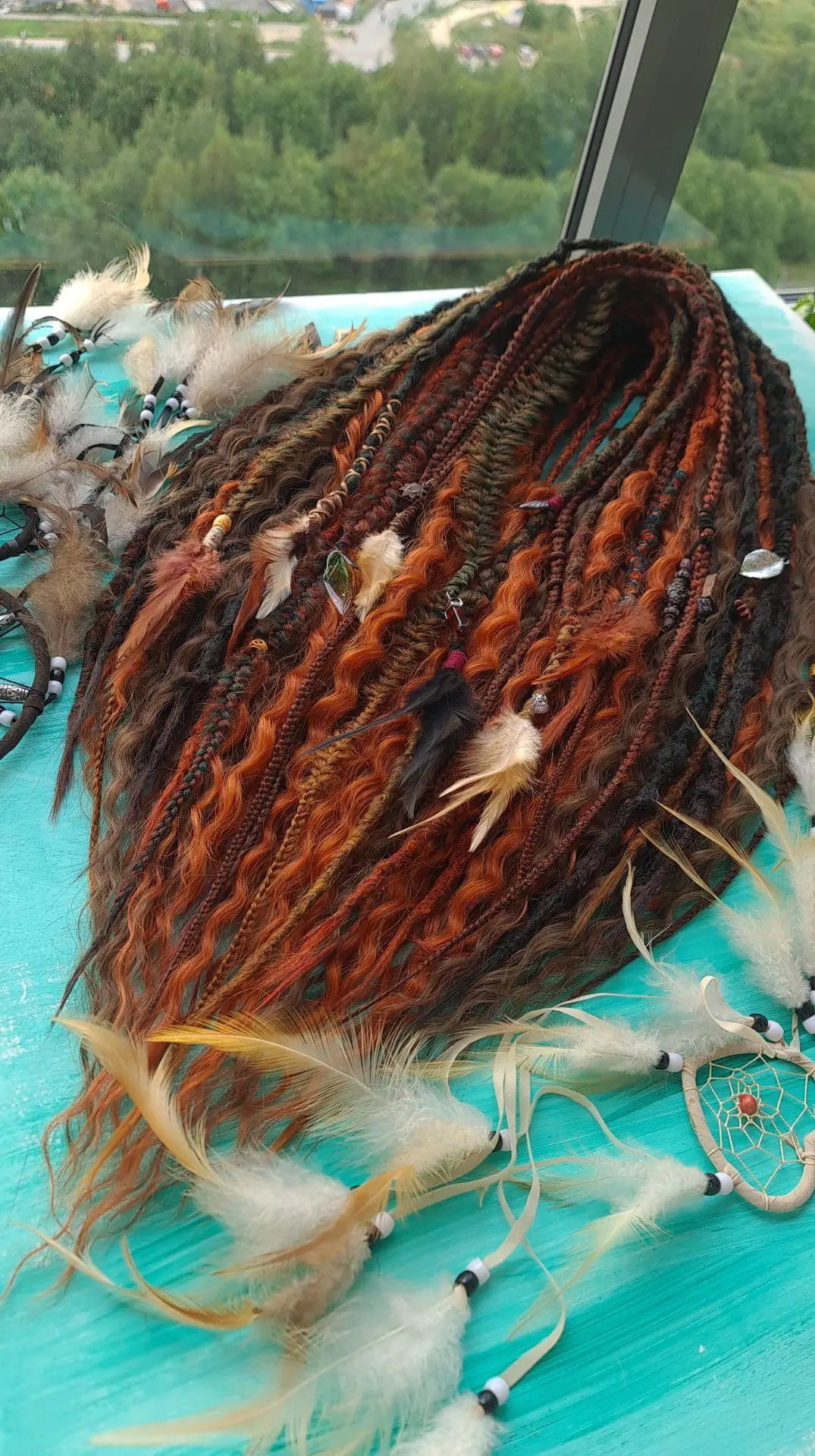 Ginger Brown Green mix of Synthetic dreadlocks, Curly locks - Crealandia