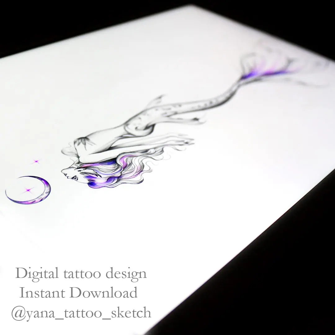 Mermaid Tattoo Design Moon Mermaid Tattoo Idea Drawing Fine Line ...