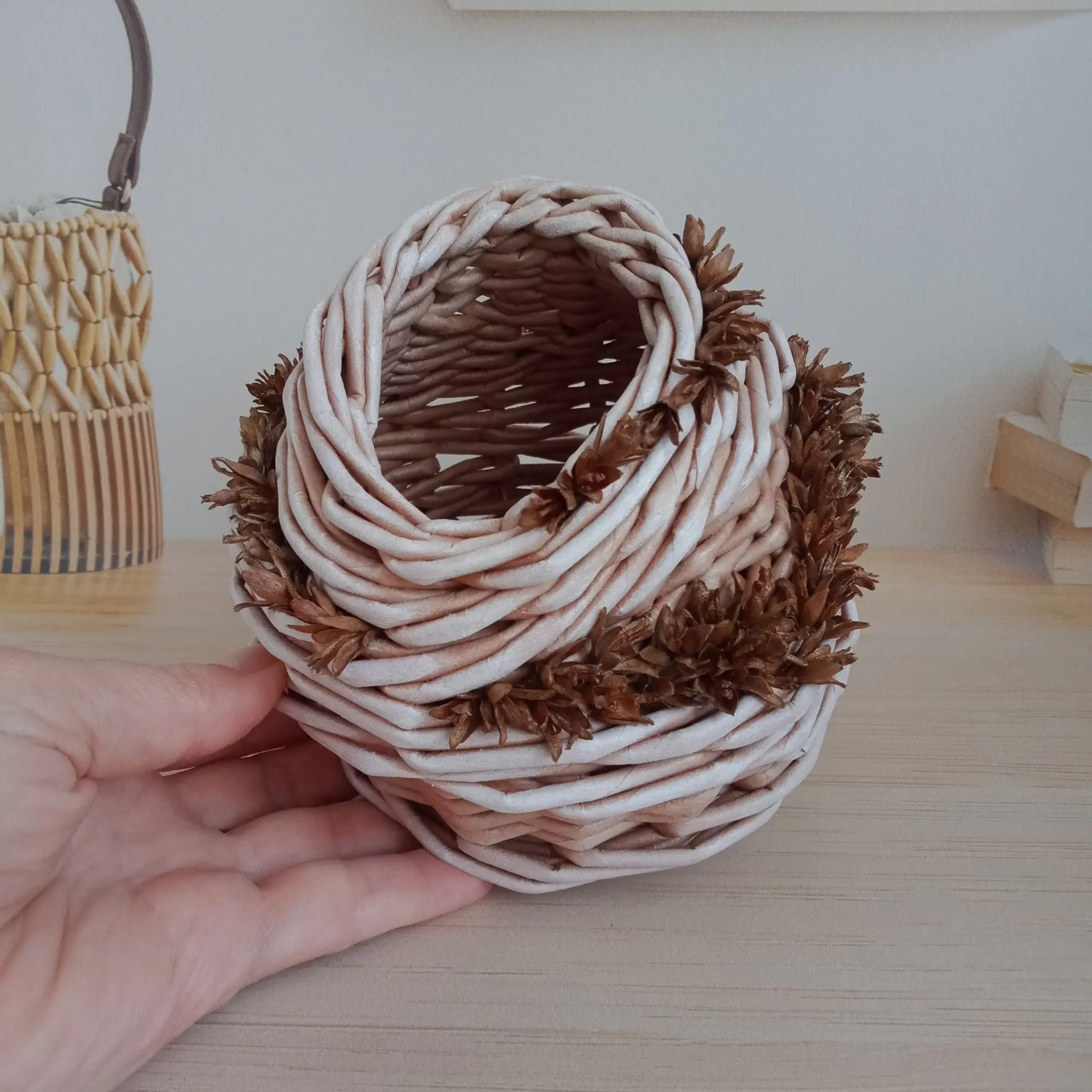 Small unique woven beige basket with thuja cones