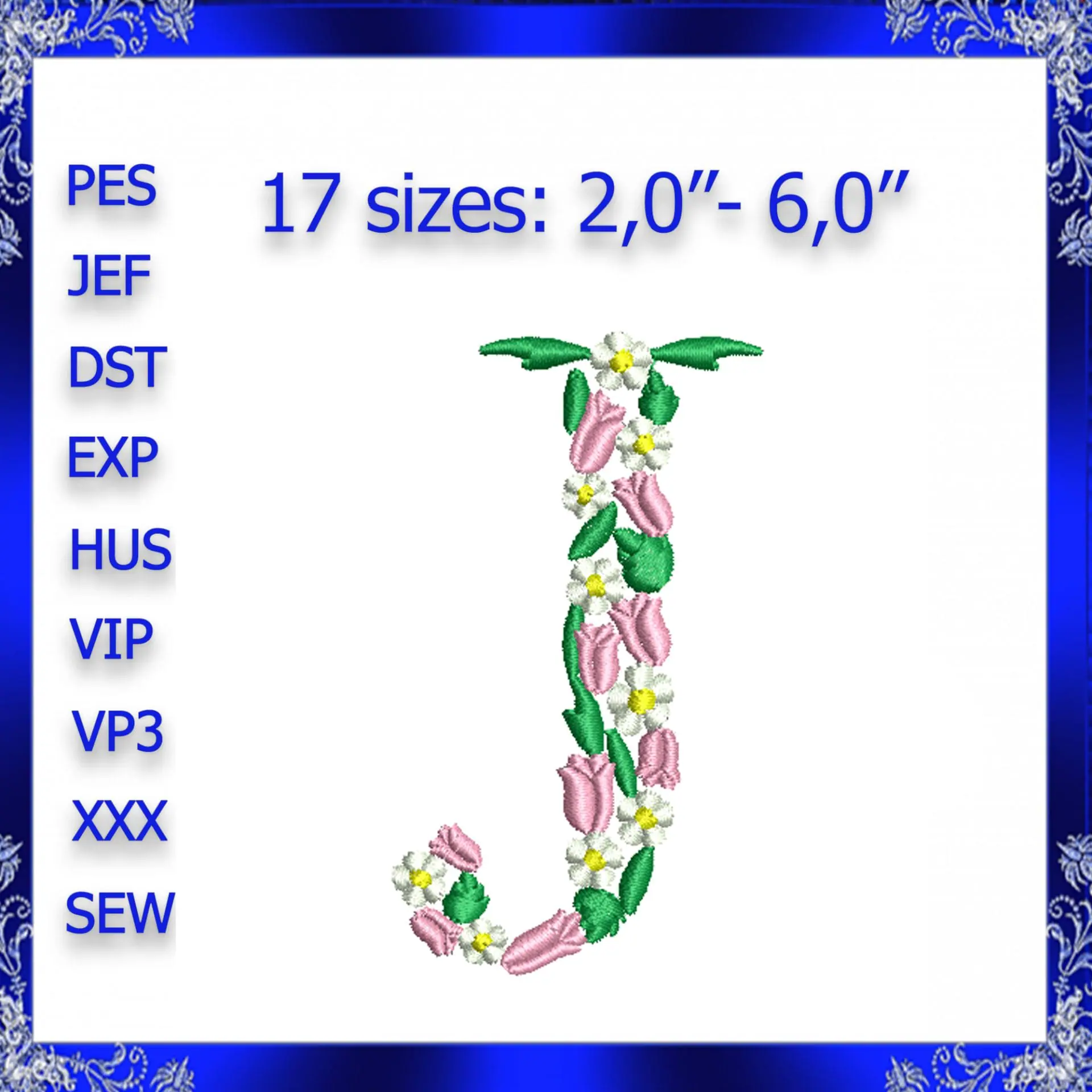 Letter J Monogram Embroidery Floral J monogram Fancy - Crealandia