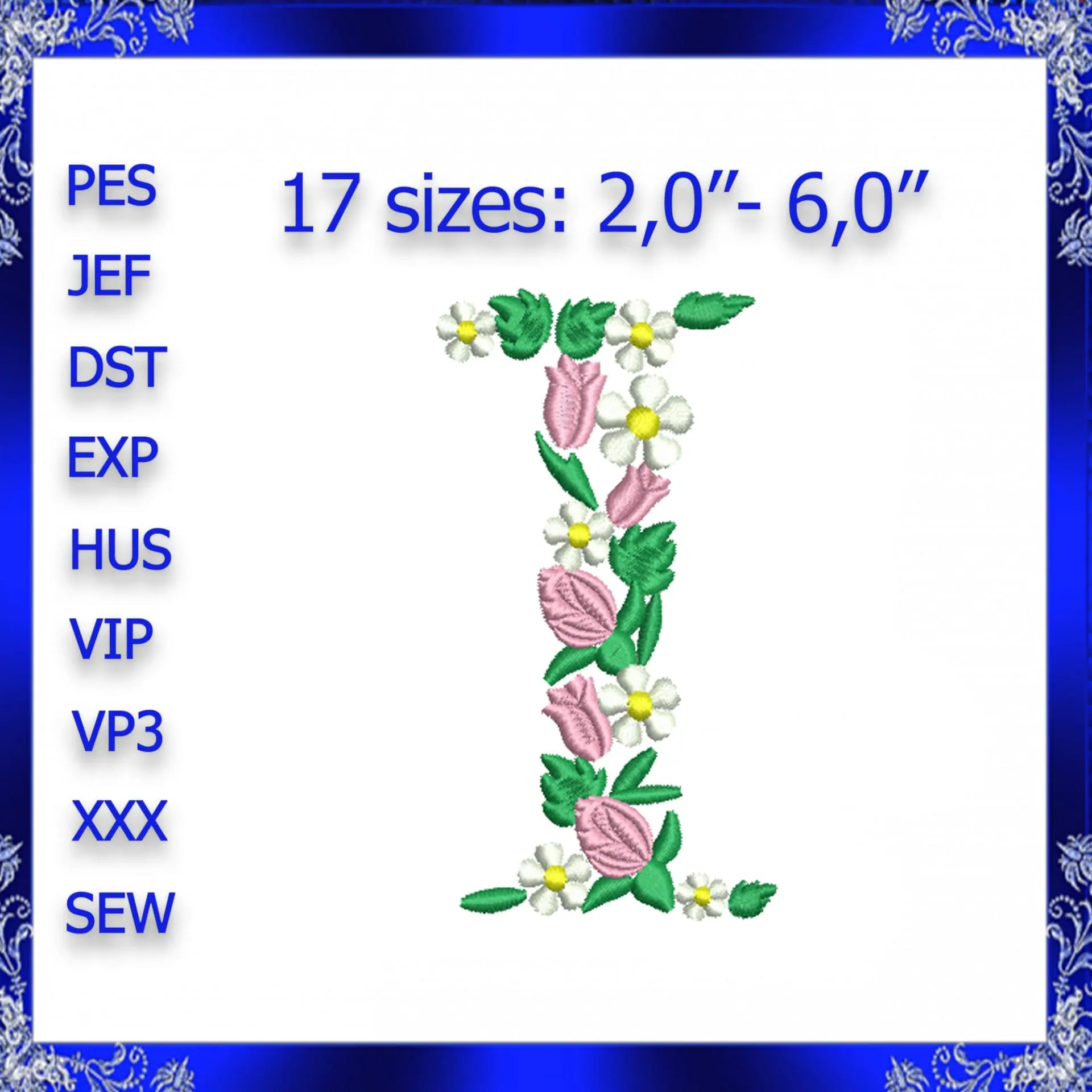 Letter I Monogram Embroidery Floral I monogram Fancy - Crealandia