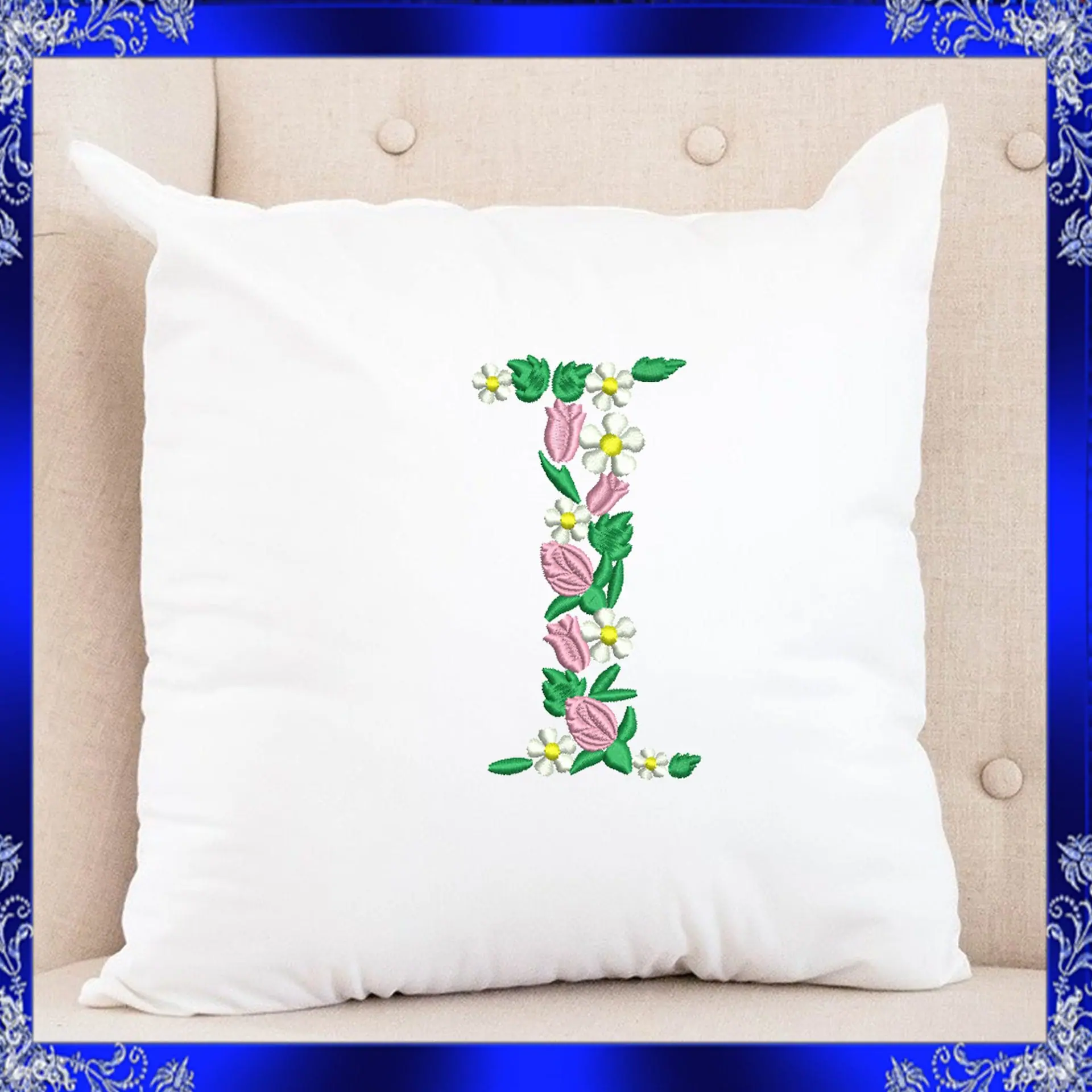 Letter I Monogram Embroidery Floral I monogram Fancy - Crealandia
