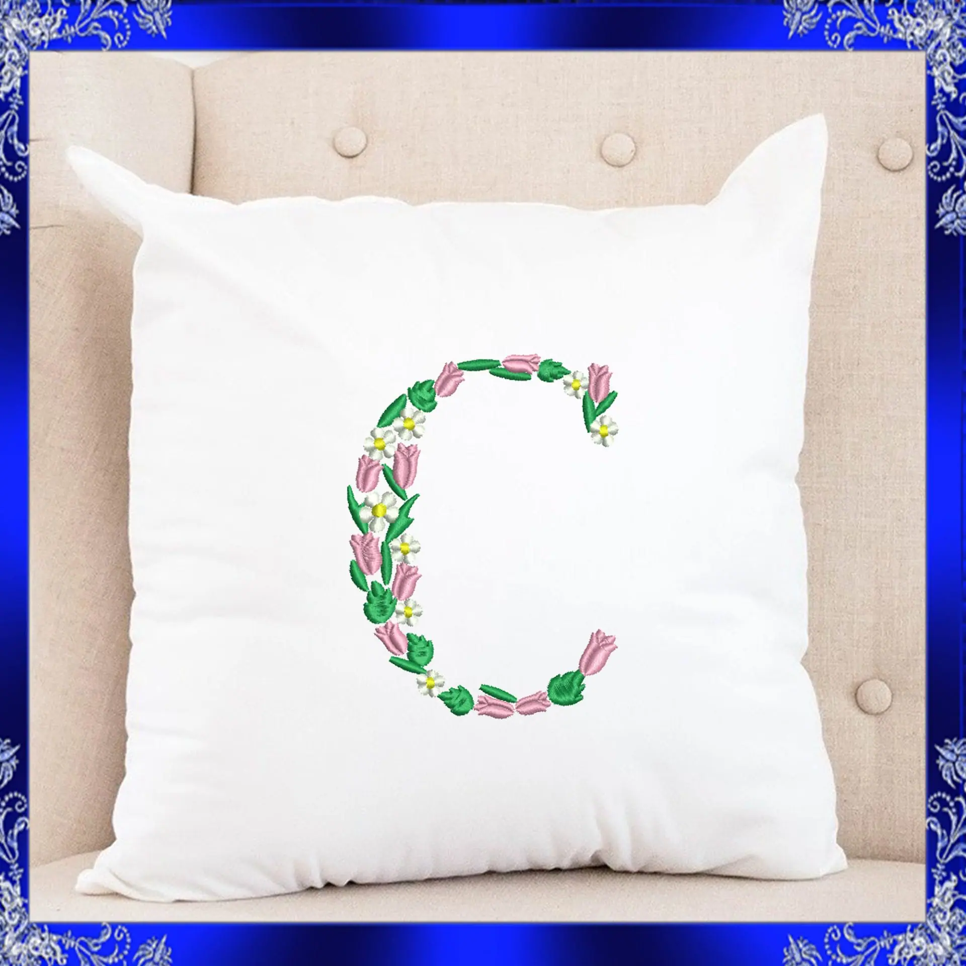Letter C Monogram Embroidery Floral C monogram Fancy - Crealandia