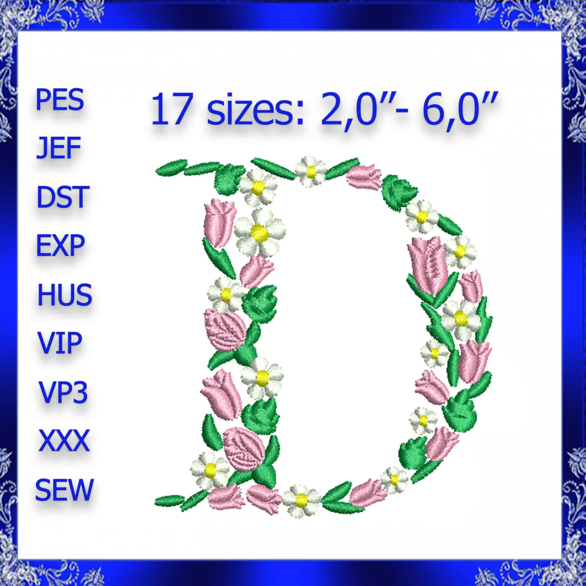 Letter D Monogram Embroidery Floral D monogram Fancy D - Crealandia