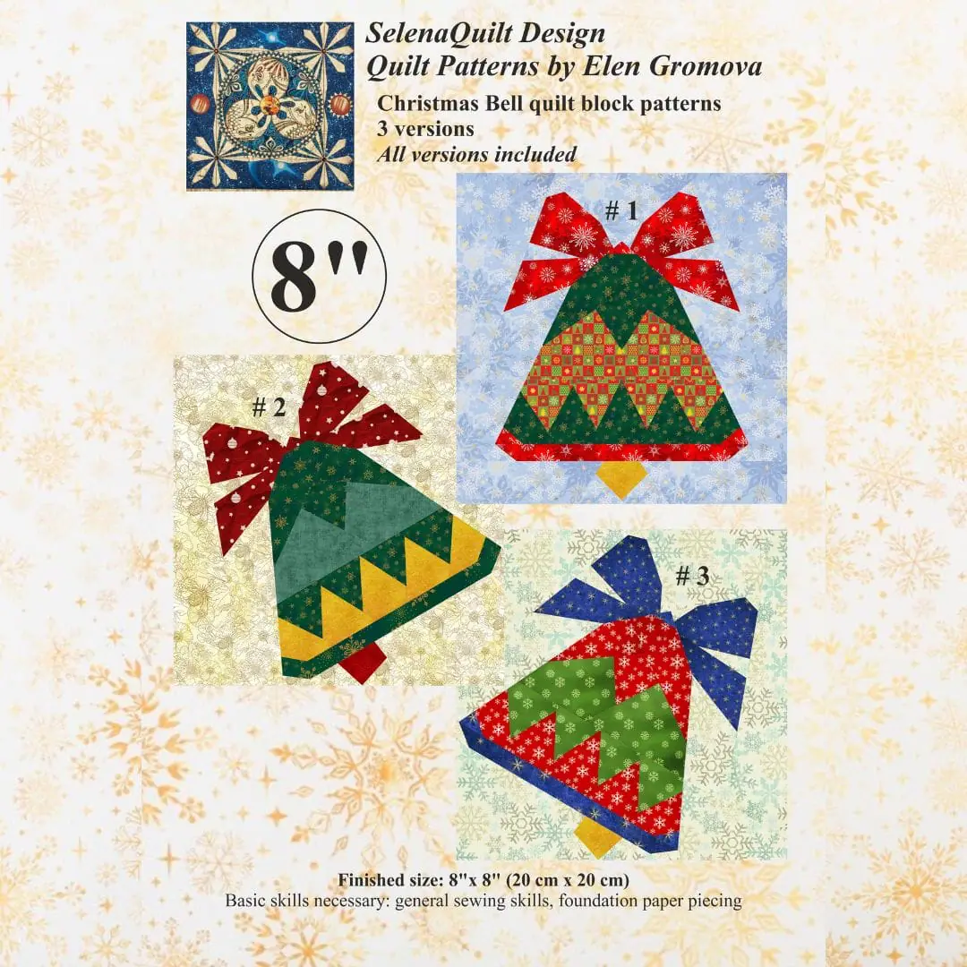 8” Christmas bell quilt block patterns 3 versions in paper p