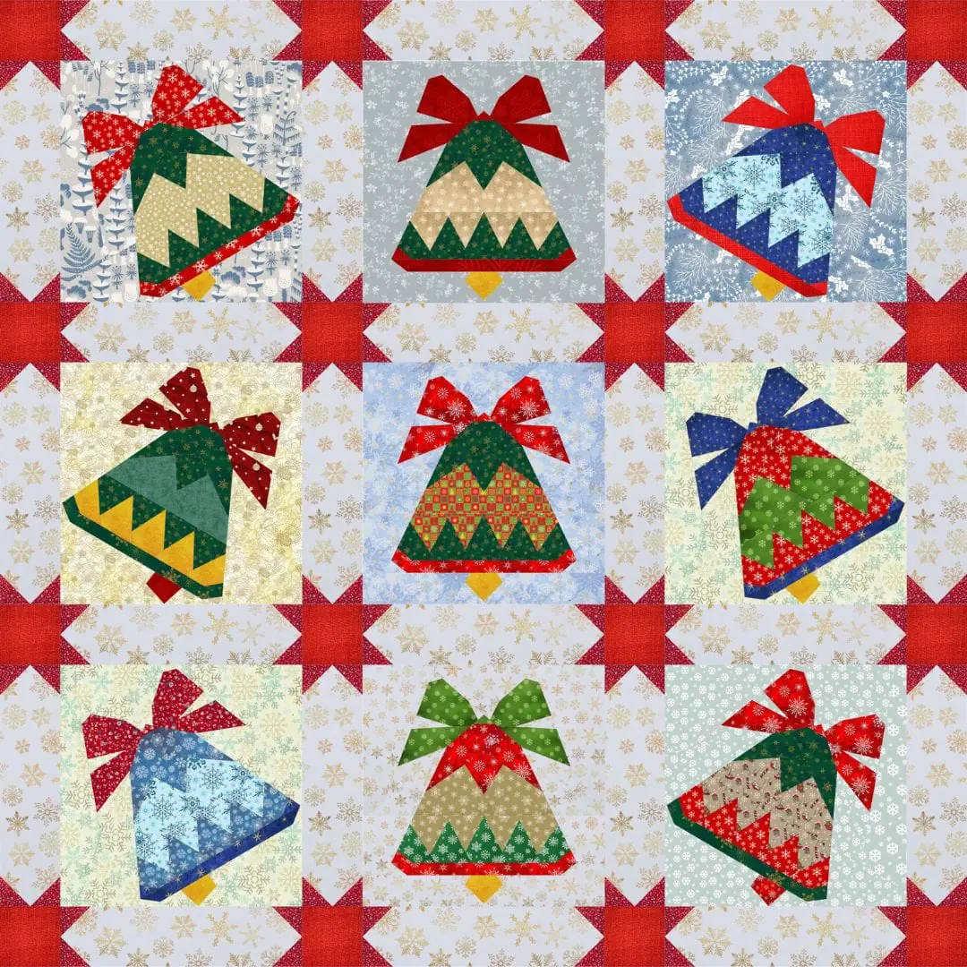 8” Christmas bell quilt block patterns 3 versions in paper p