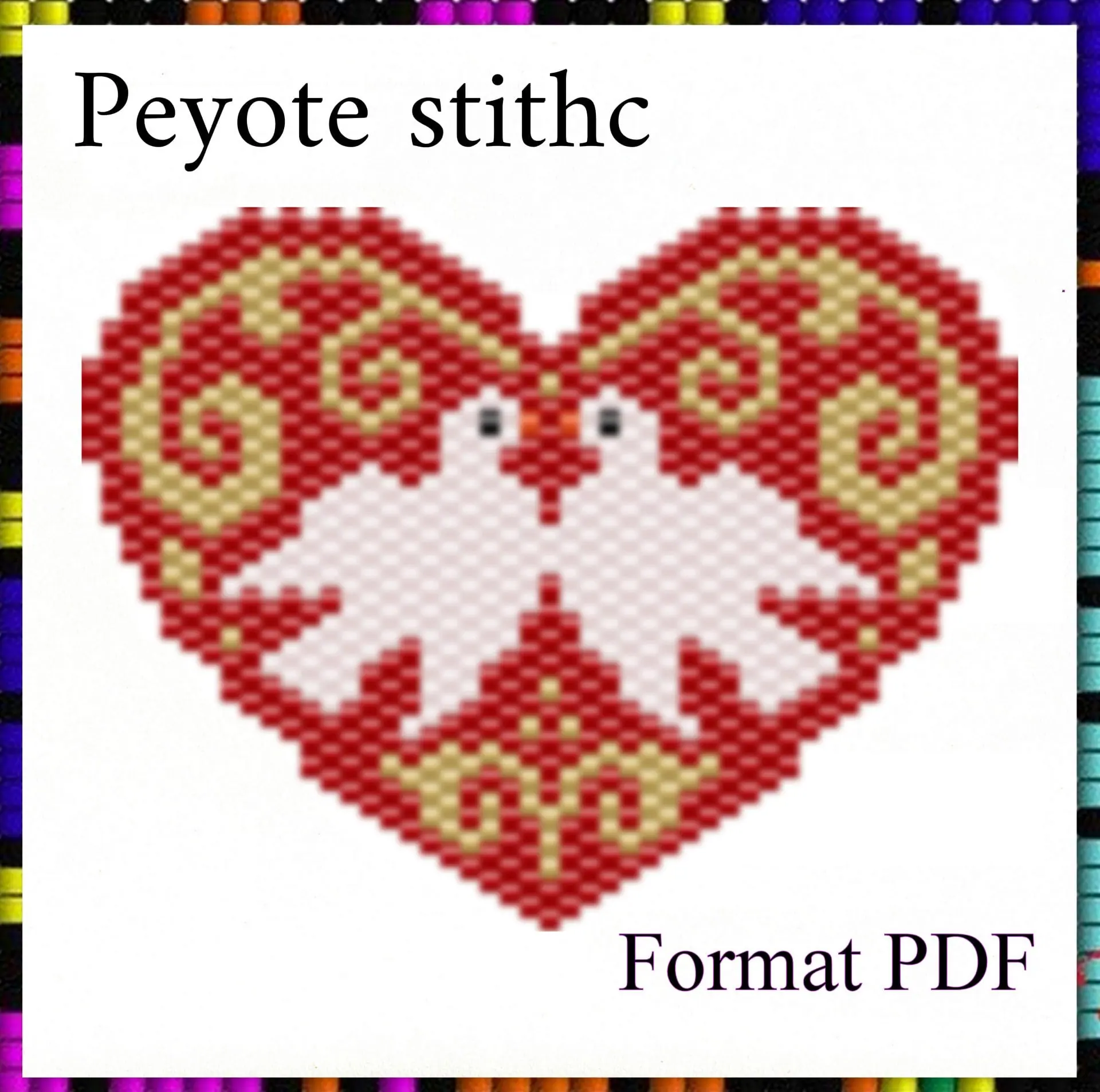 Peyote stitch pattern Valentine heart Pigeons Beaded pendant