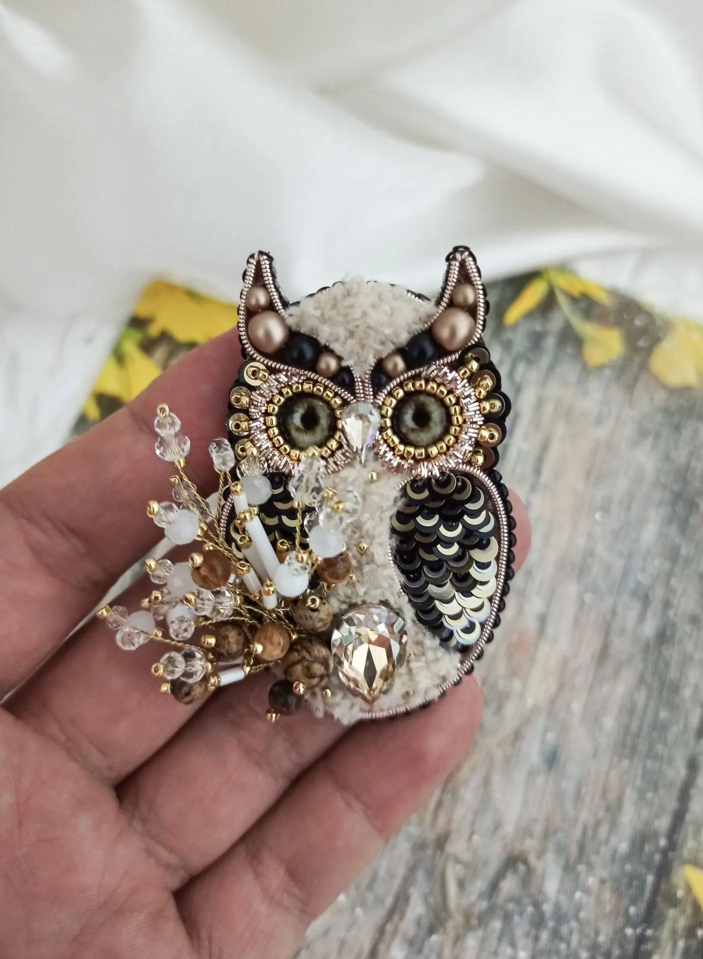 Handmade Golden Brown Owl Charm Brooch