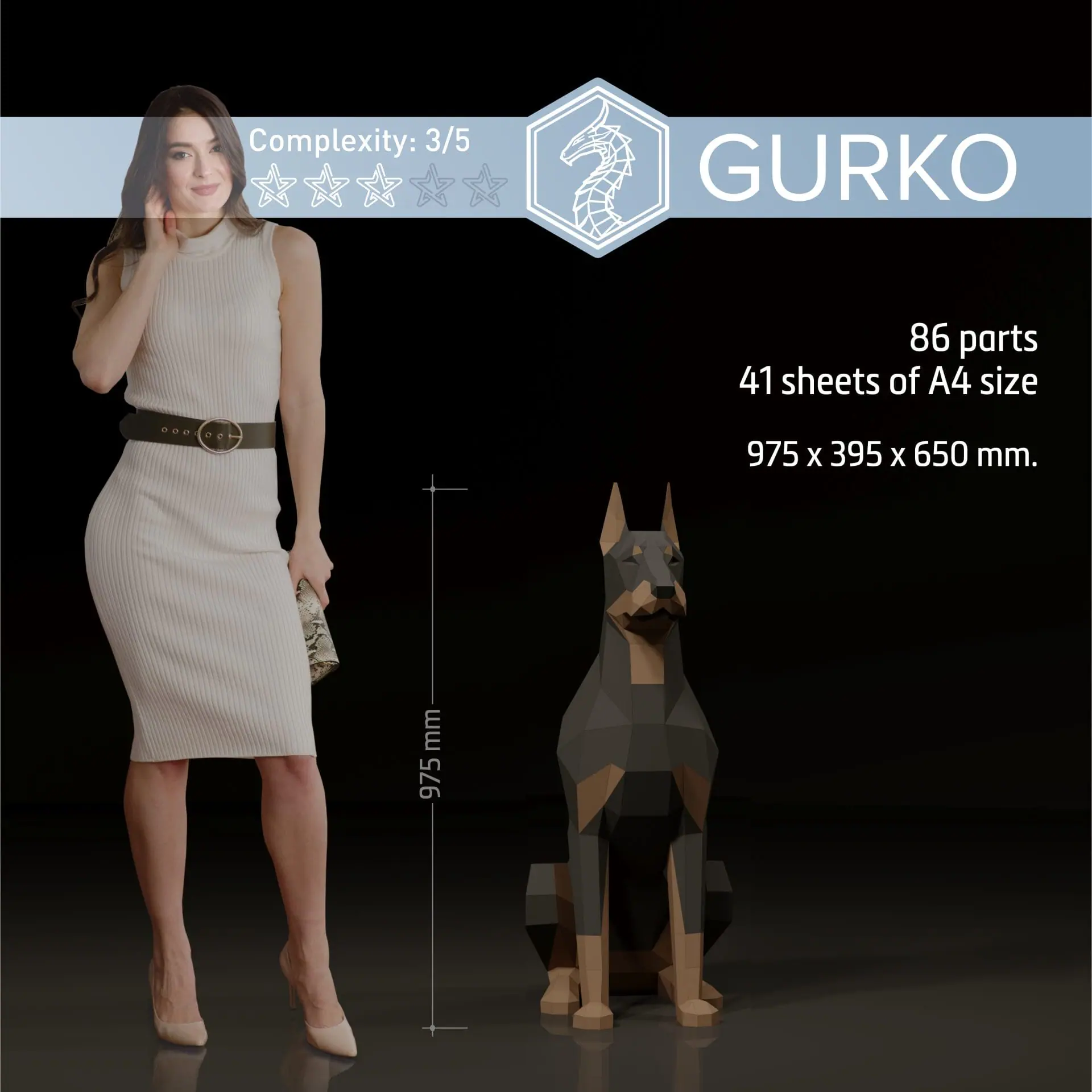 Sitting Doberman №2 Papercraft, Digital Template, PDF Download - Crealandia