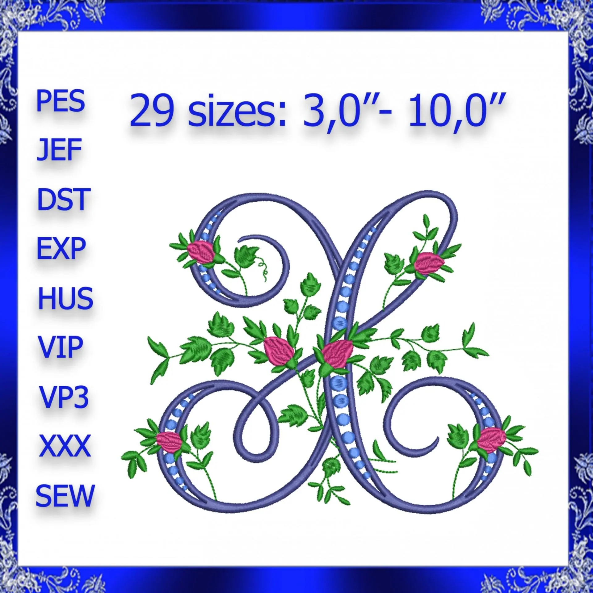 Letter X Monogram Embroidery Floral X monogram Fancy - Crealandia