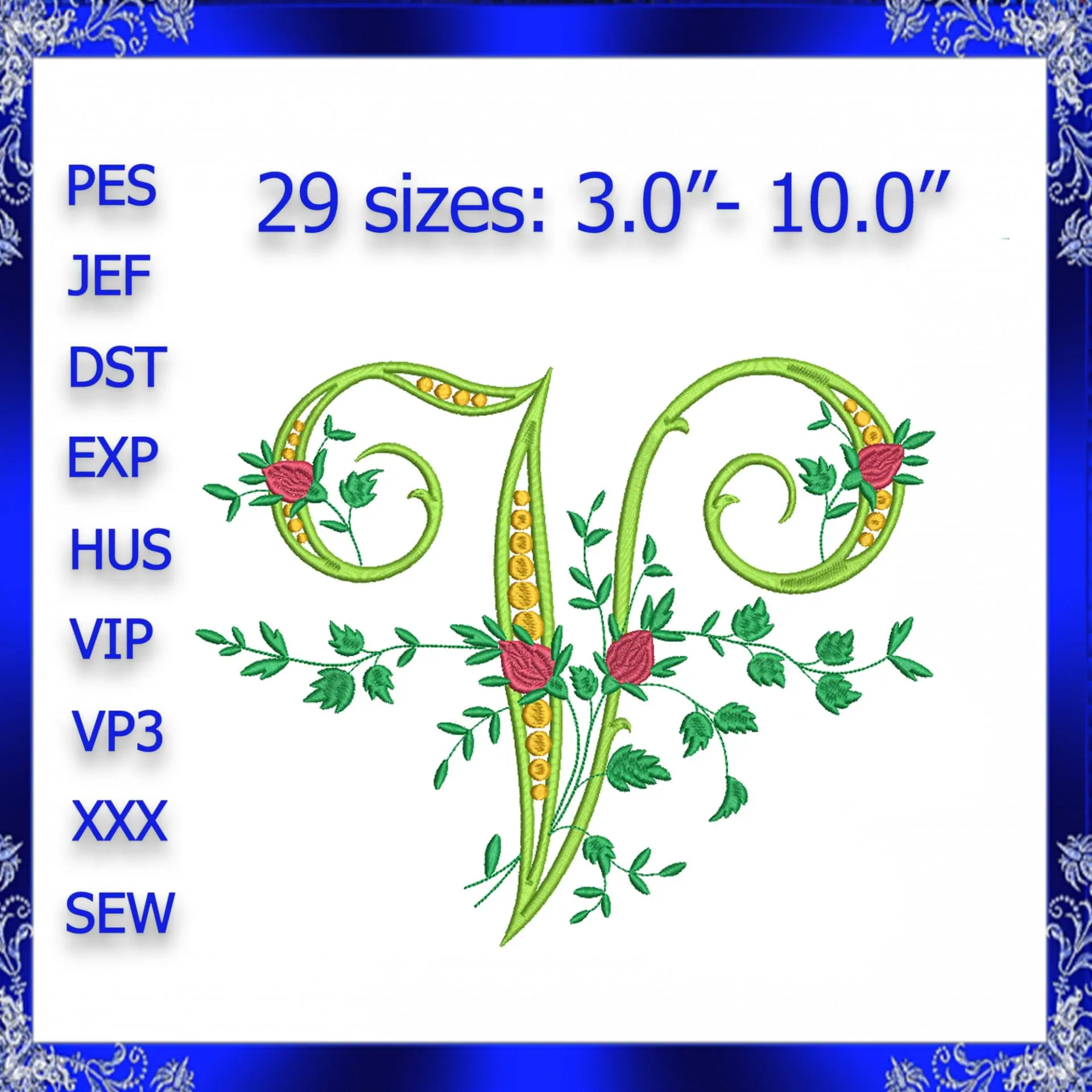 Letter V Monogram Embroidery Floral V monogram Fancy - Crealandia