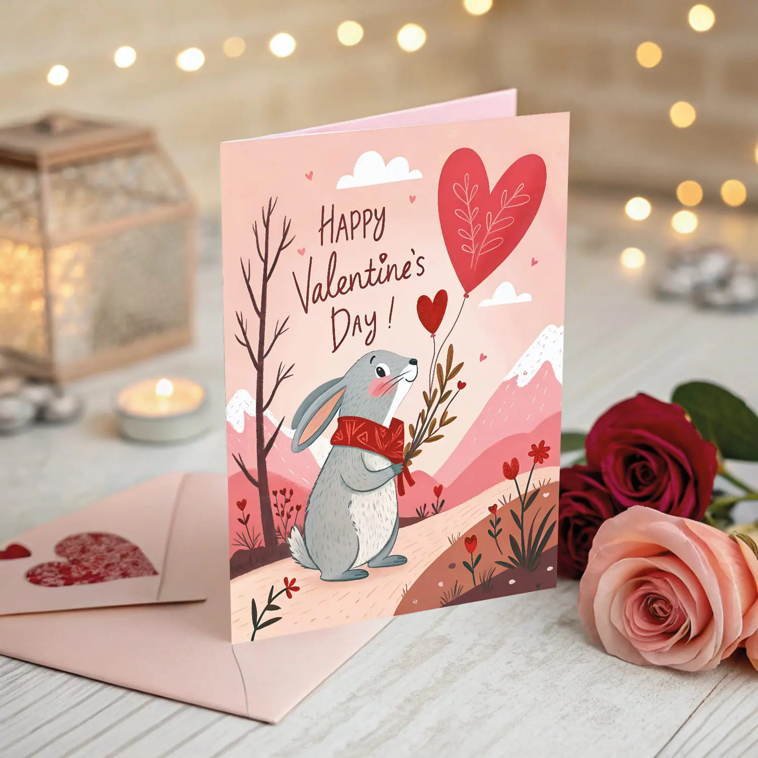 Adorable Bunny Valentine's Day Card with Heart Balloons and Flowe ...