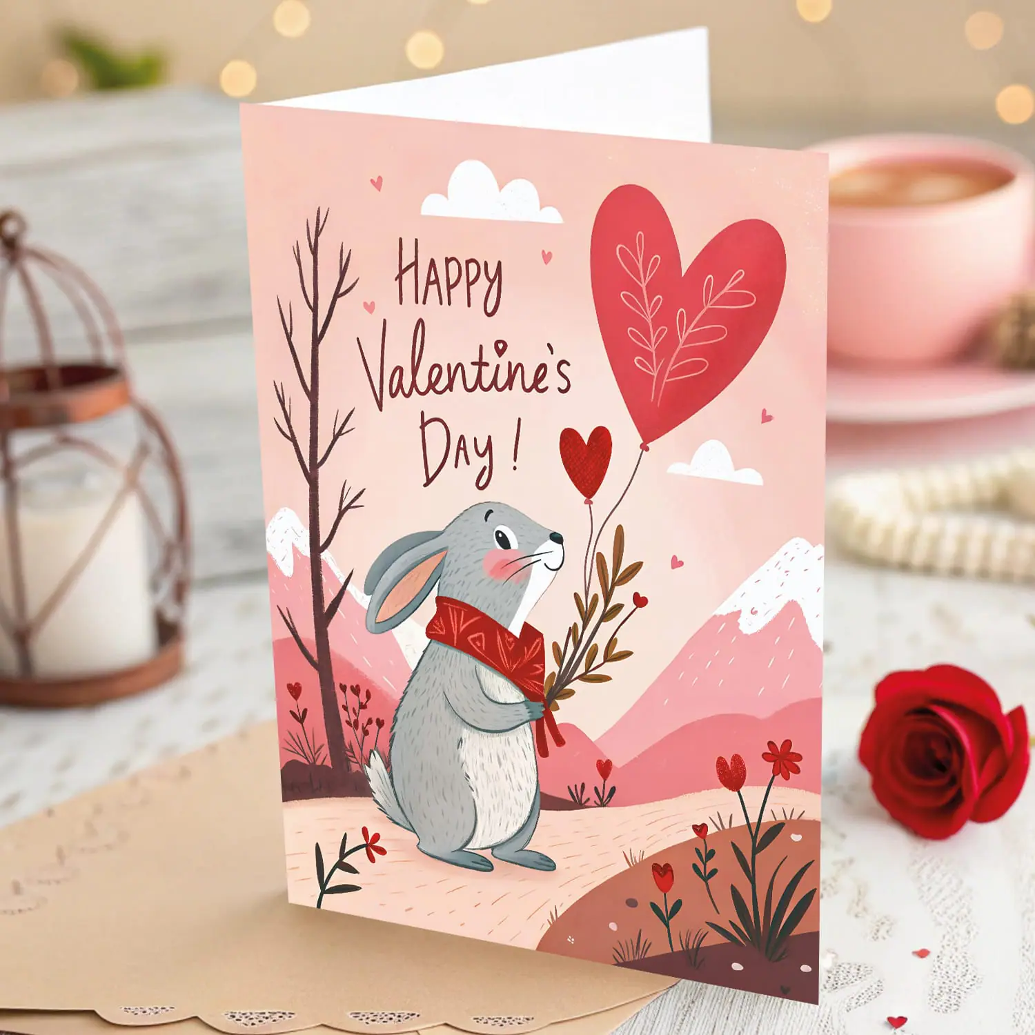 Adorable Bunny Valentine's Day Card with Heart Balloons and Flowe ...