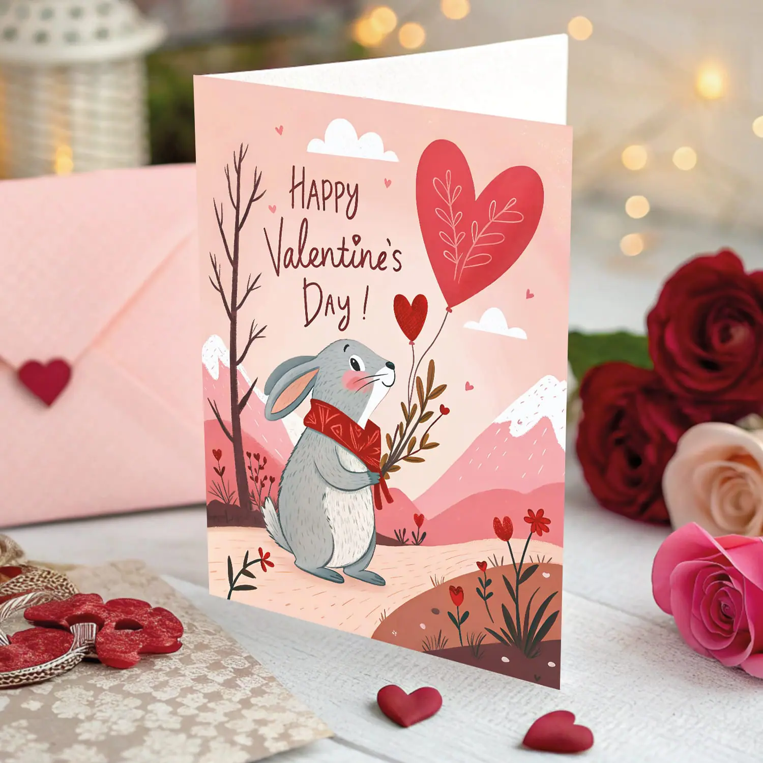 Adorable Bunny Valentine's Day Card with Heart Balloons and Flowe ...