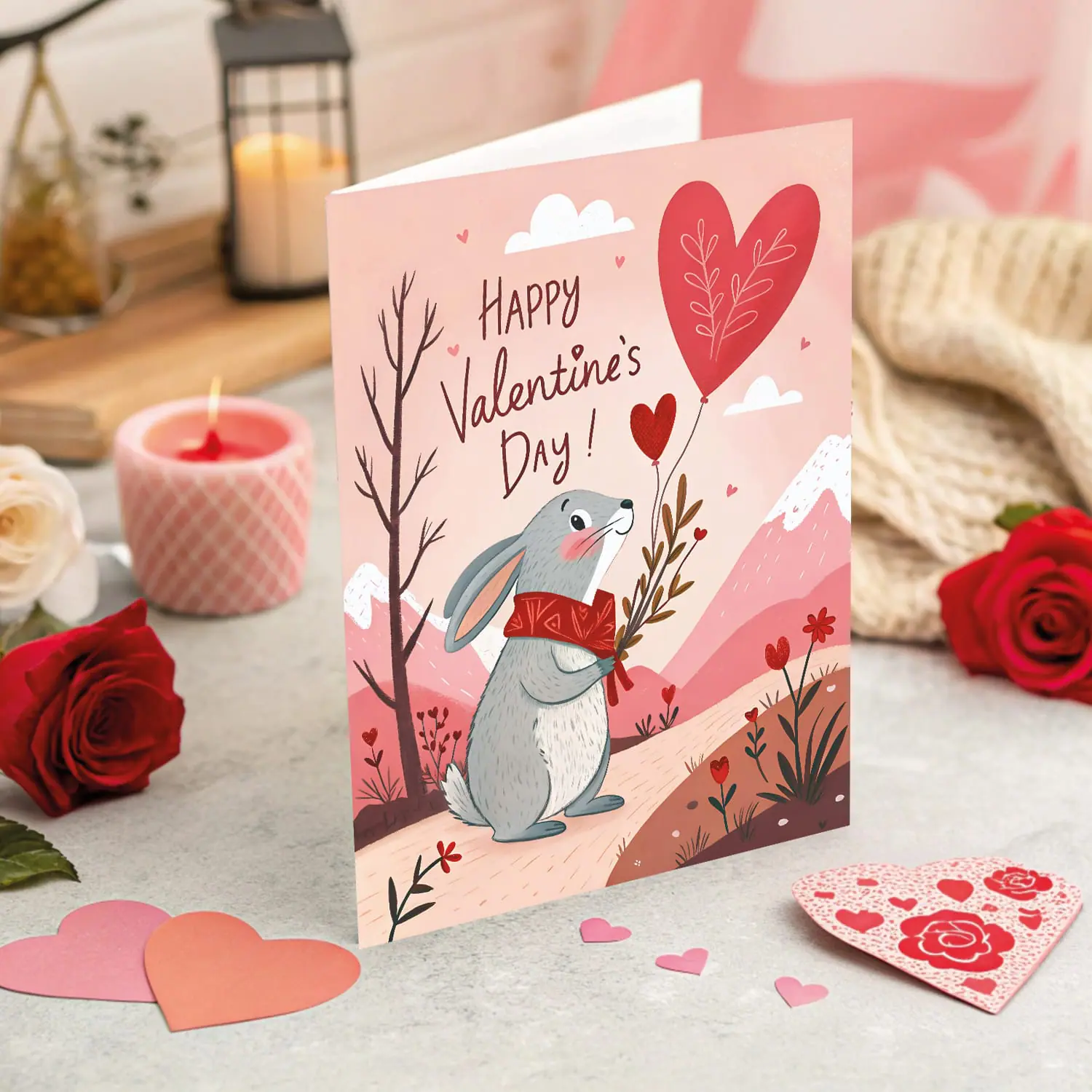 Adorable Bunny Valentine's Day Card with Heart Balloons and Flowe ...