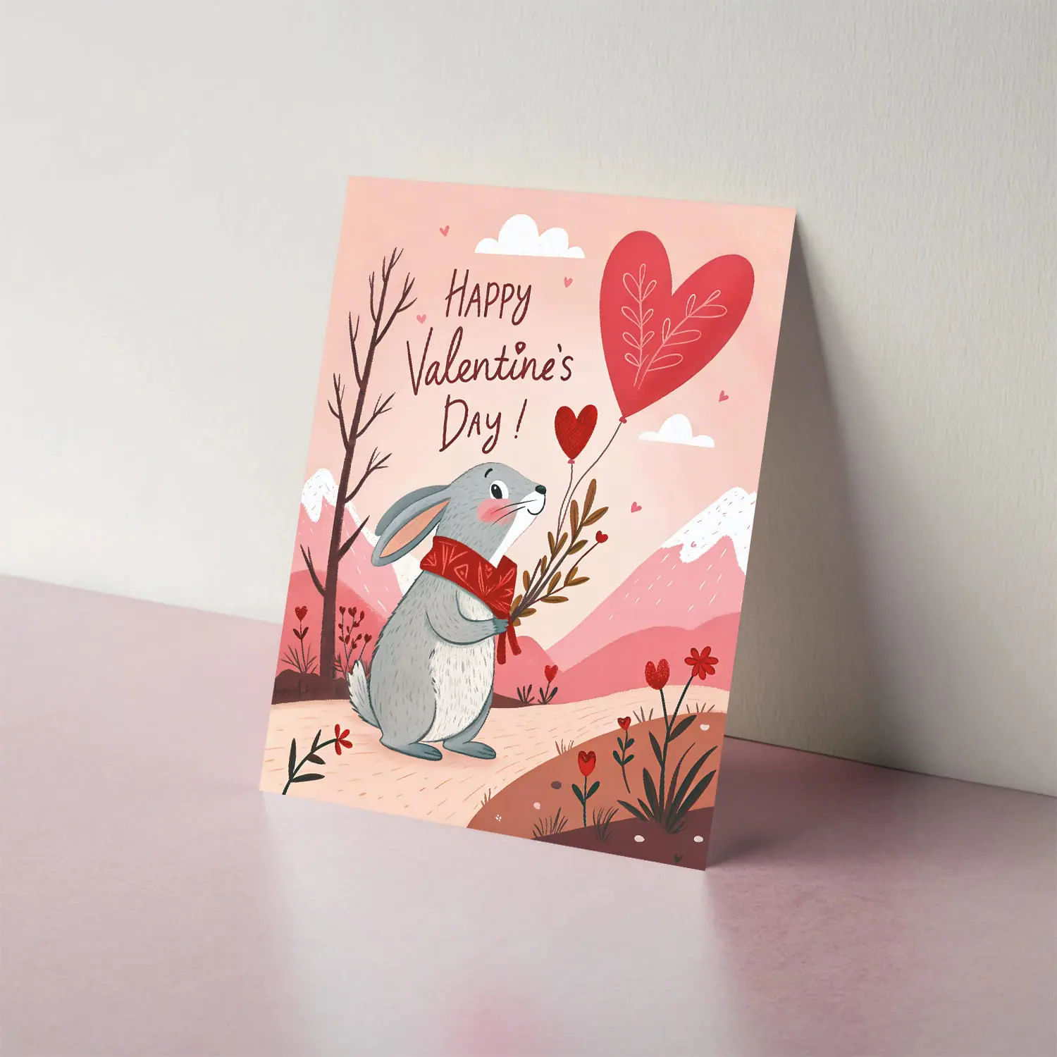 Adorable Bunny Valentine's Day Card with Heart Balloons and Flowe ...