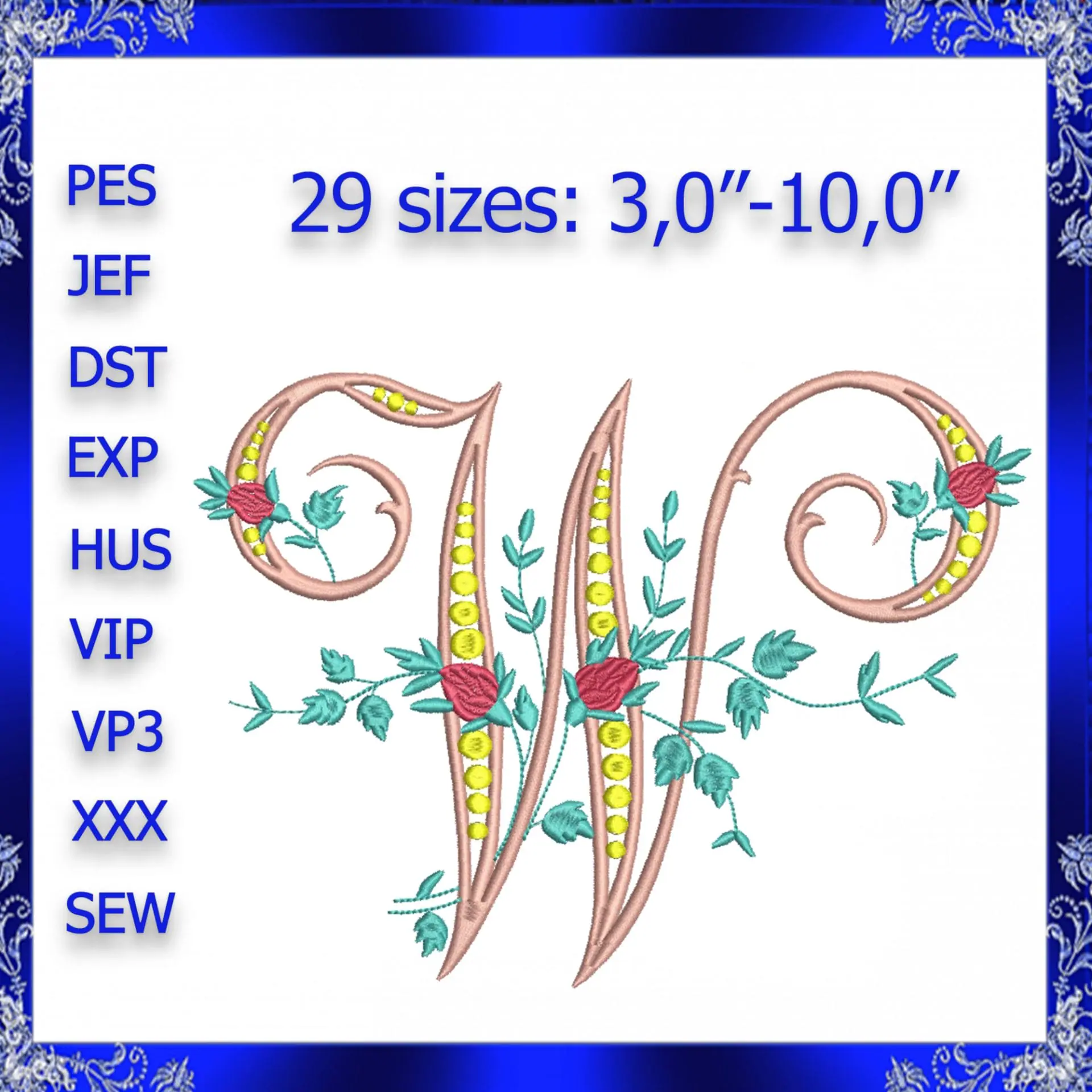 Letter W Monogram Embroidery Floral W monogram Fancy - Crealandia