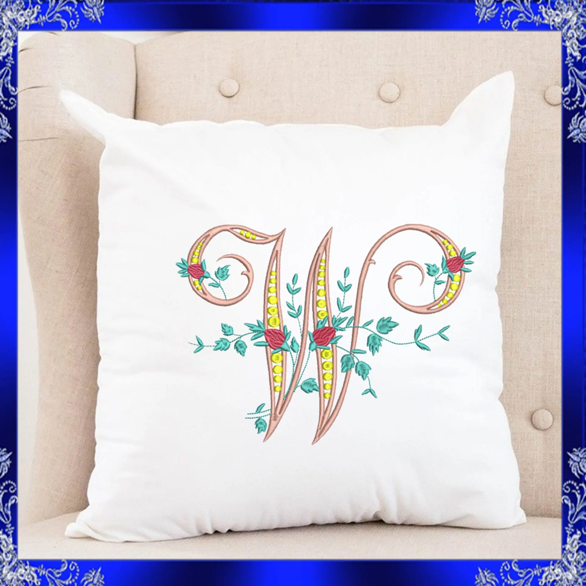 Letter W Monogram Embroidery Floral W monogram Fancy - Crealandia