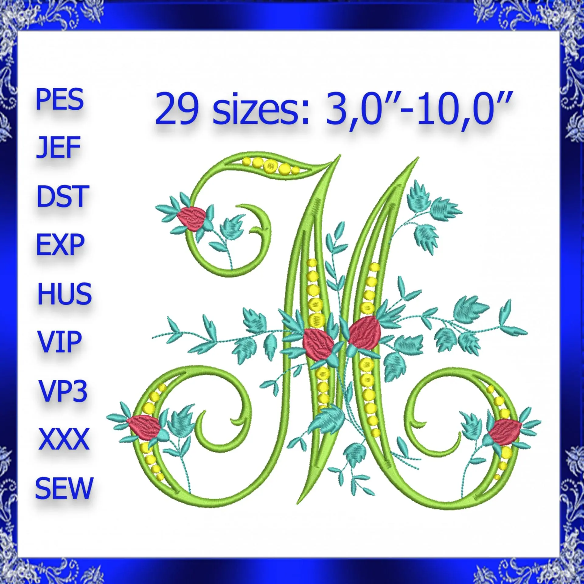 Letter M Monogram Embroidery Floral M monogram Fancy - Crealandia