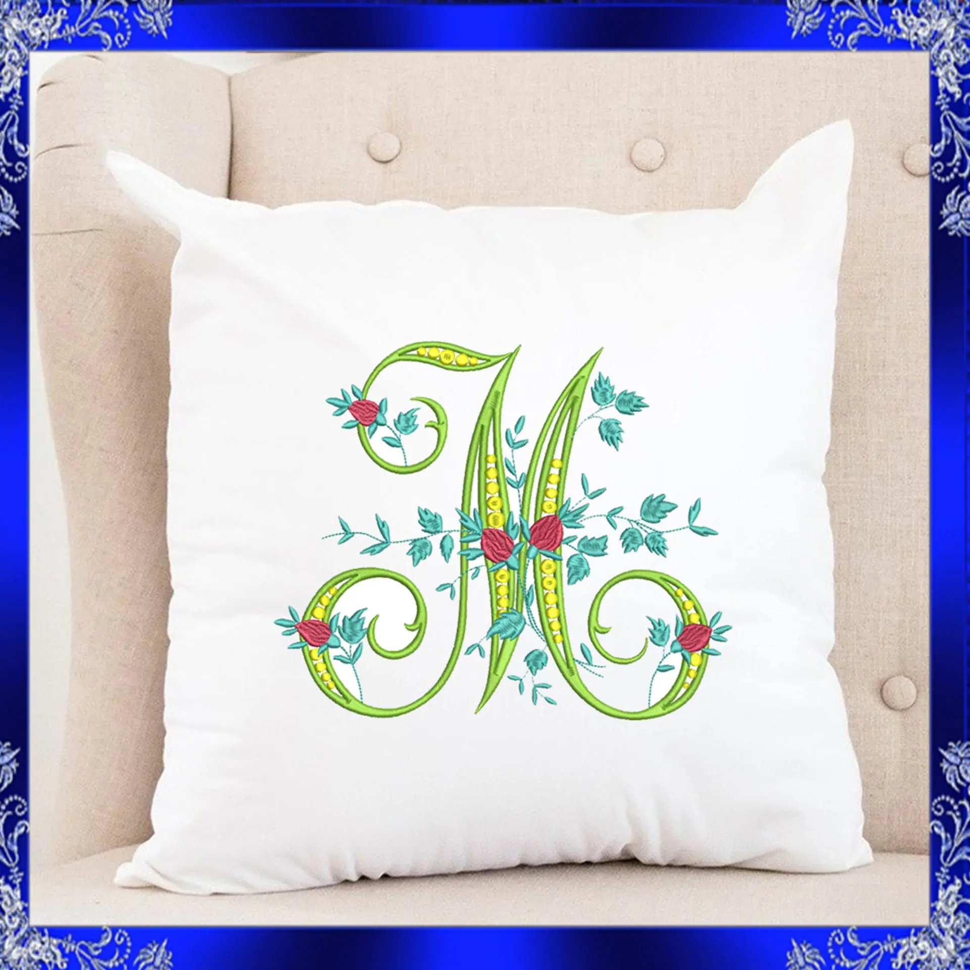 Letter M Monogram Embroidery Floral M monogram Fancy - Crealandia