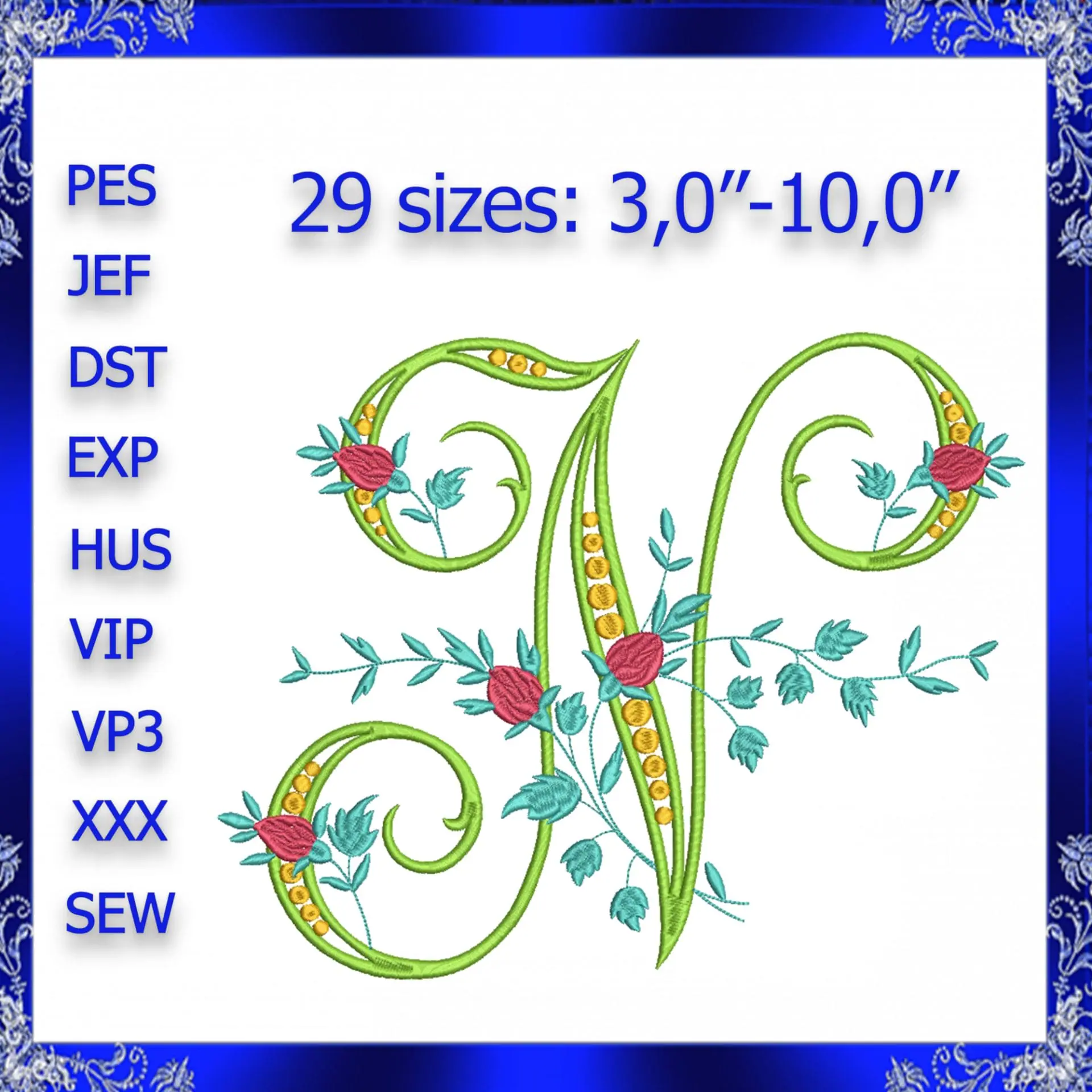 Letter N Monogram Embroidery Floral N monogram Fancy - Crealandia