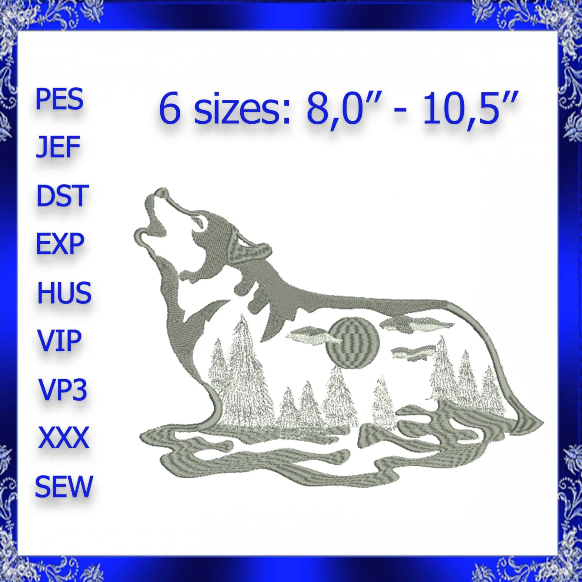Wolf machine embroidery design Wolf Moon - Crealandia