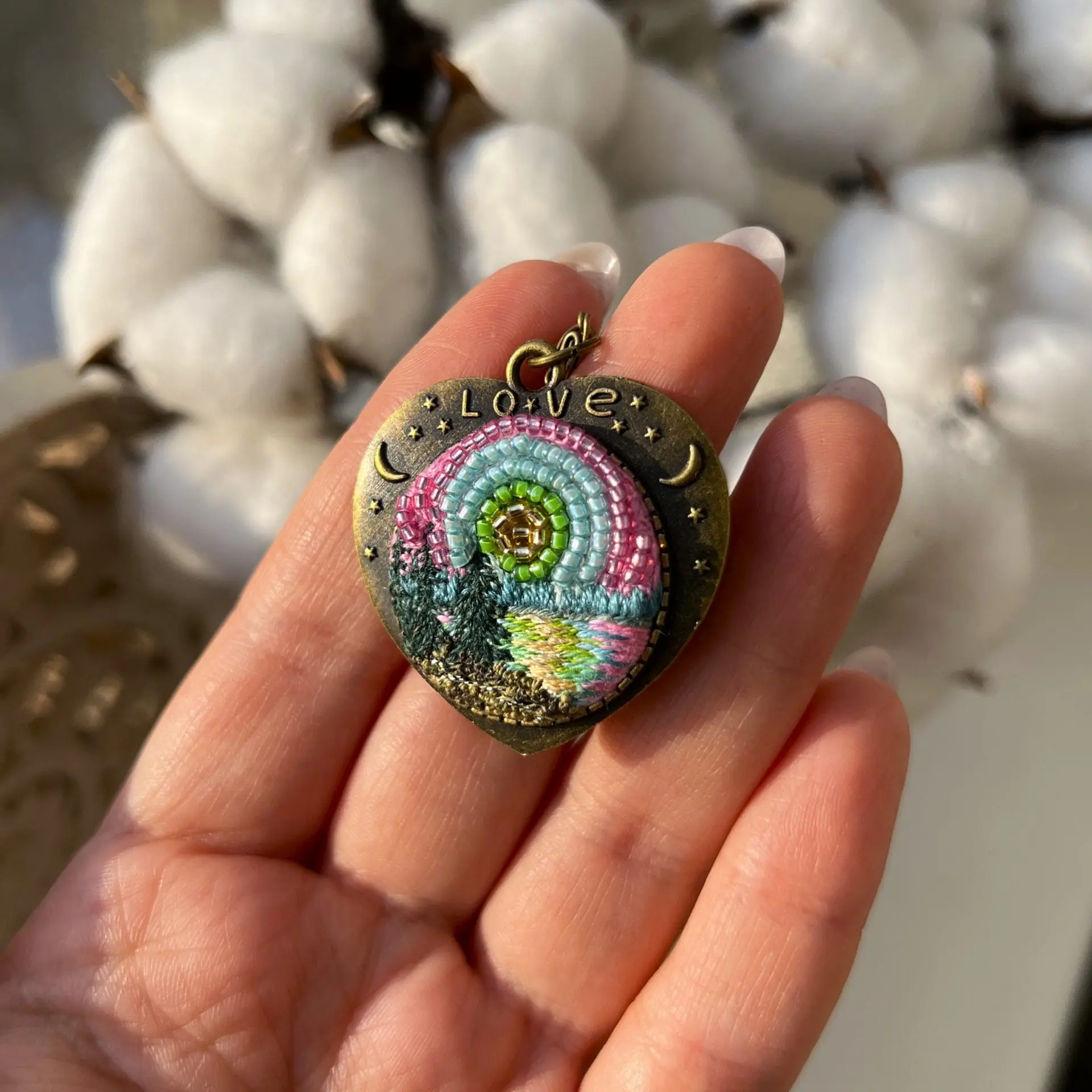 Spring Memories #1 landscape embroidery pendant - Crealandia