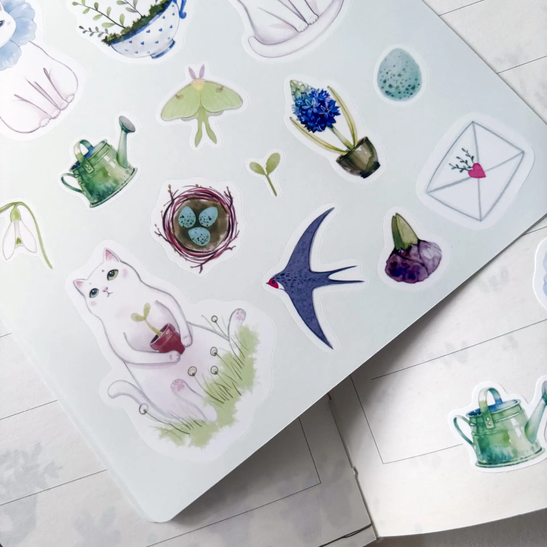 Cute spring botanical stickers with cats, Planner sticker set - Crealandia