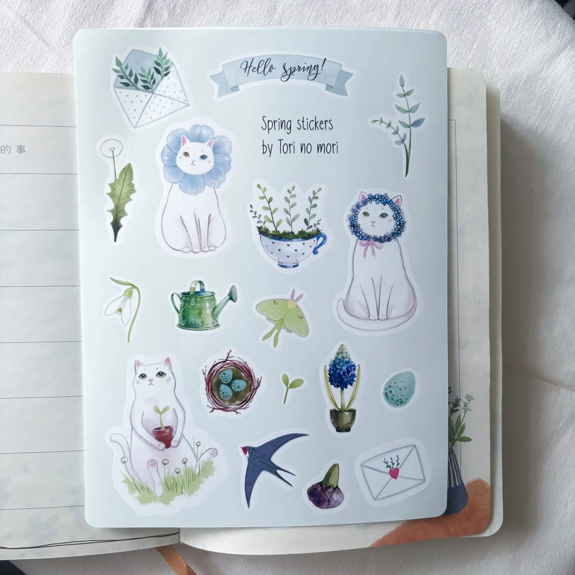 Cute spring botanical stickers with cats, Planner sticker set - Crealandia
