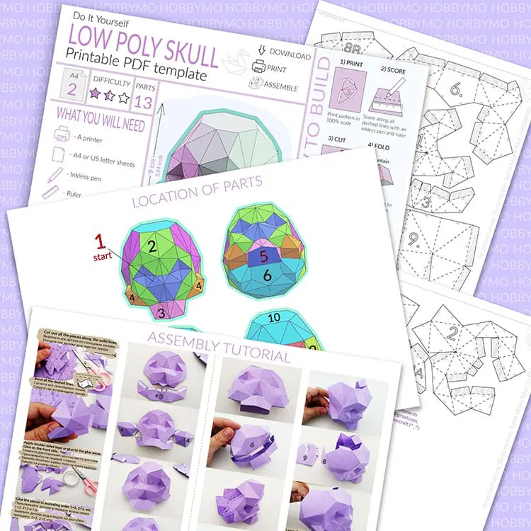 DIY Paper Skull, 3D Papercraft template PDF - Crealandia