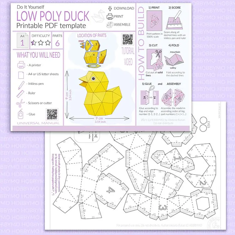 DIY Paper Duck, 3D Papercraft template PDF - Crealandia