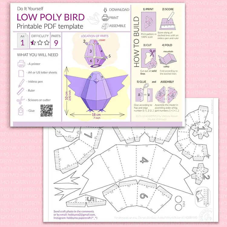 DIY Paper Bird, 3D Papercraft template PDF - Crealandia