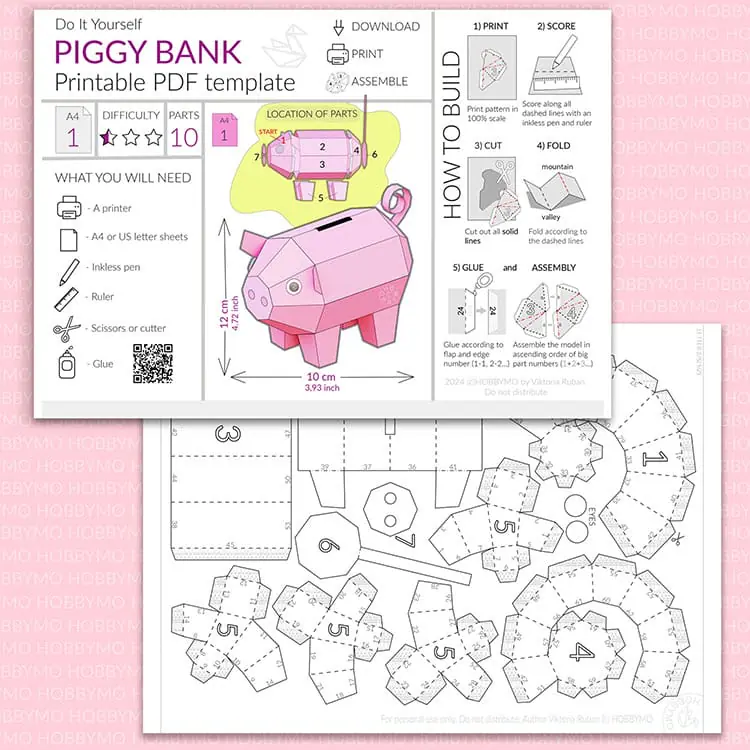 DIY Paper Piggy Bank, 3D Papercraft template PDF - Crealandia