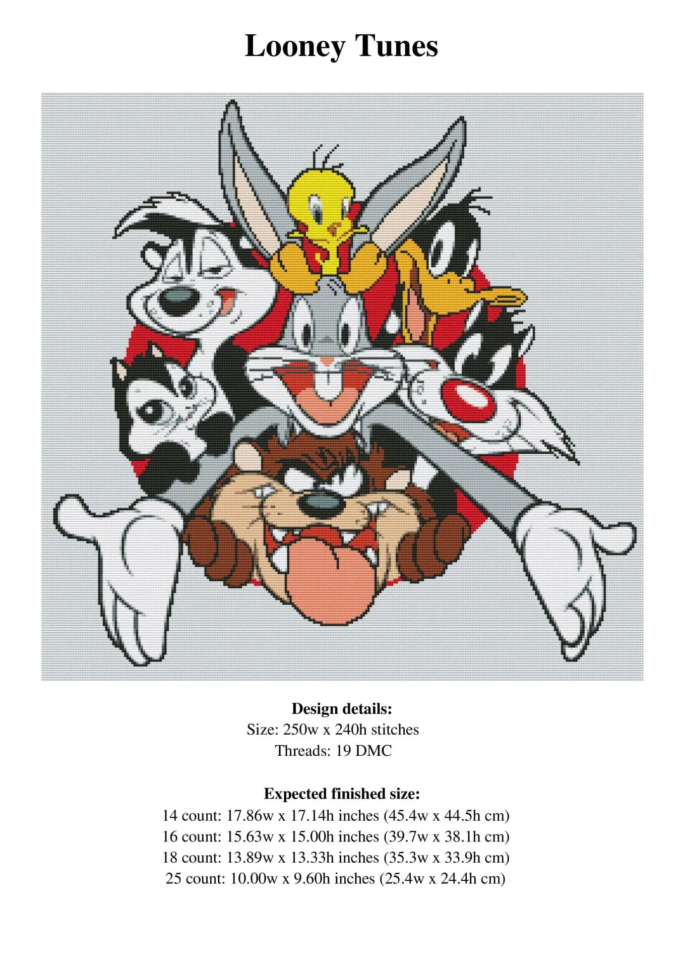 Looney Tunes PDF Cross Stitch Pattern, Cartoon Cross Stitch