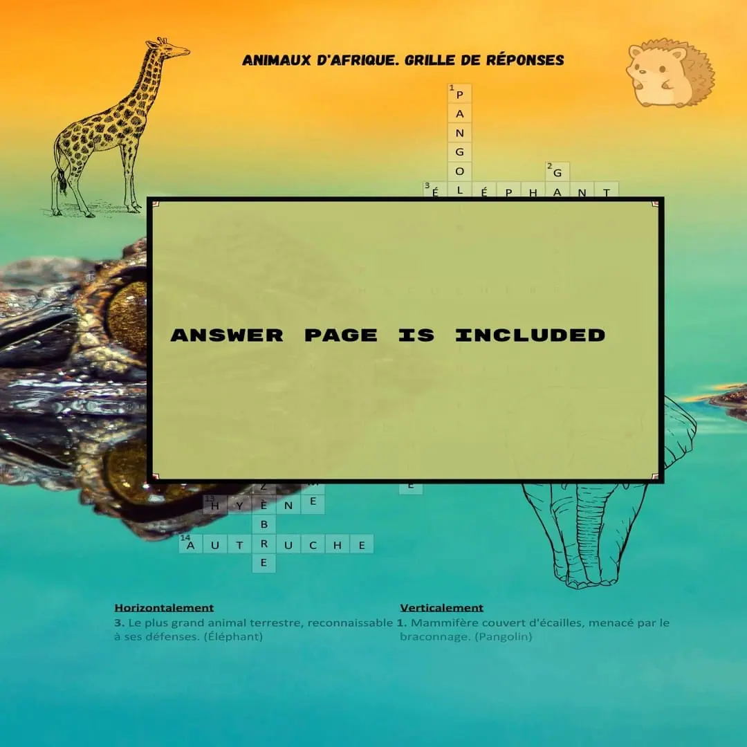 Puzzle Crossword Printable Animals of Africa in French.
