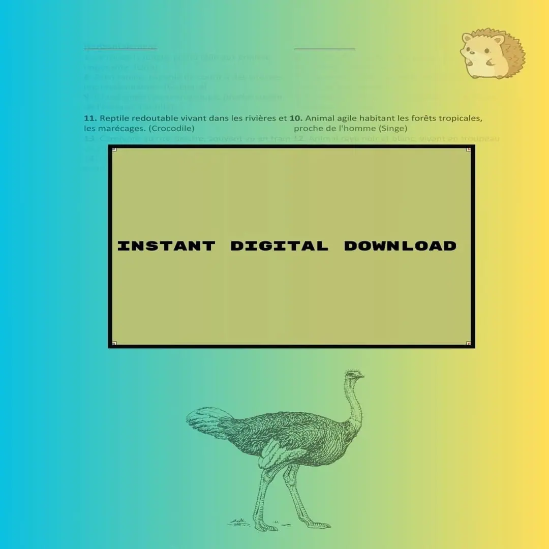 Puzzle Crossword Printable Animals of Africa in French.