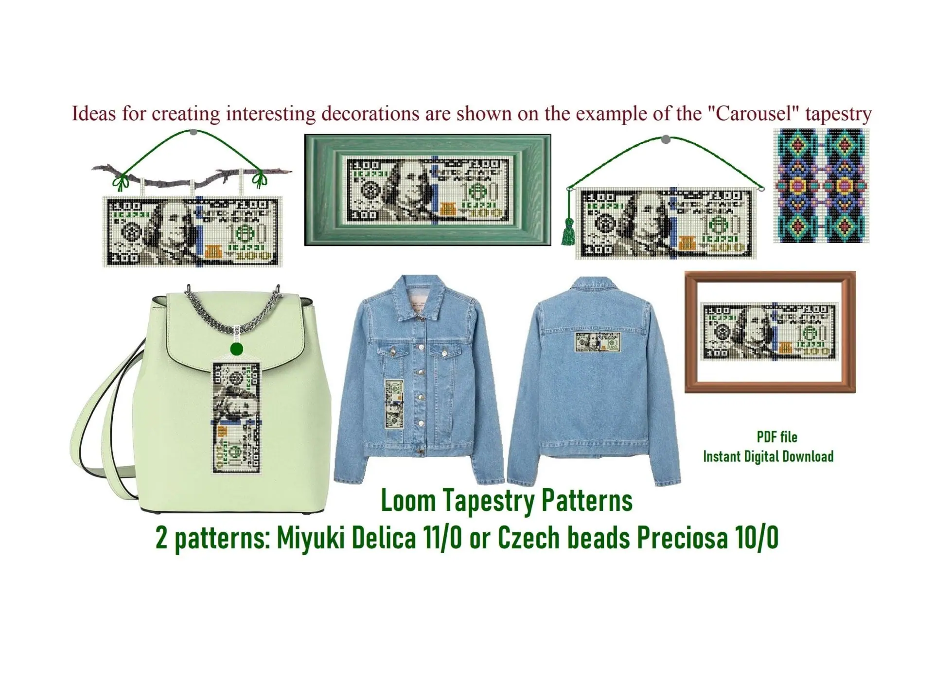 100$ bill Loom Small Tapestry-Mini Banner Pattern, PDF - Crealandia