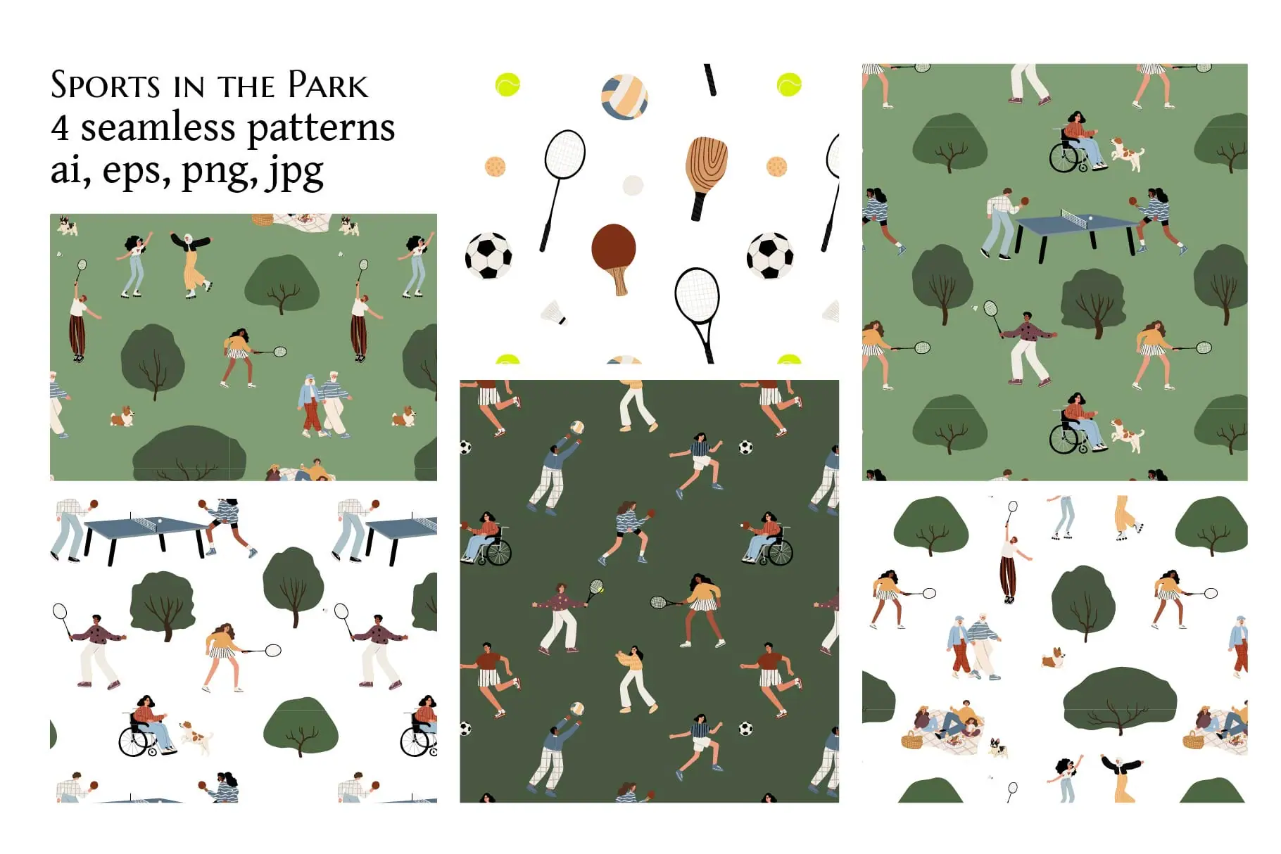 Park activity seamless patterns, People playing sports set - Crealandia