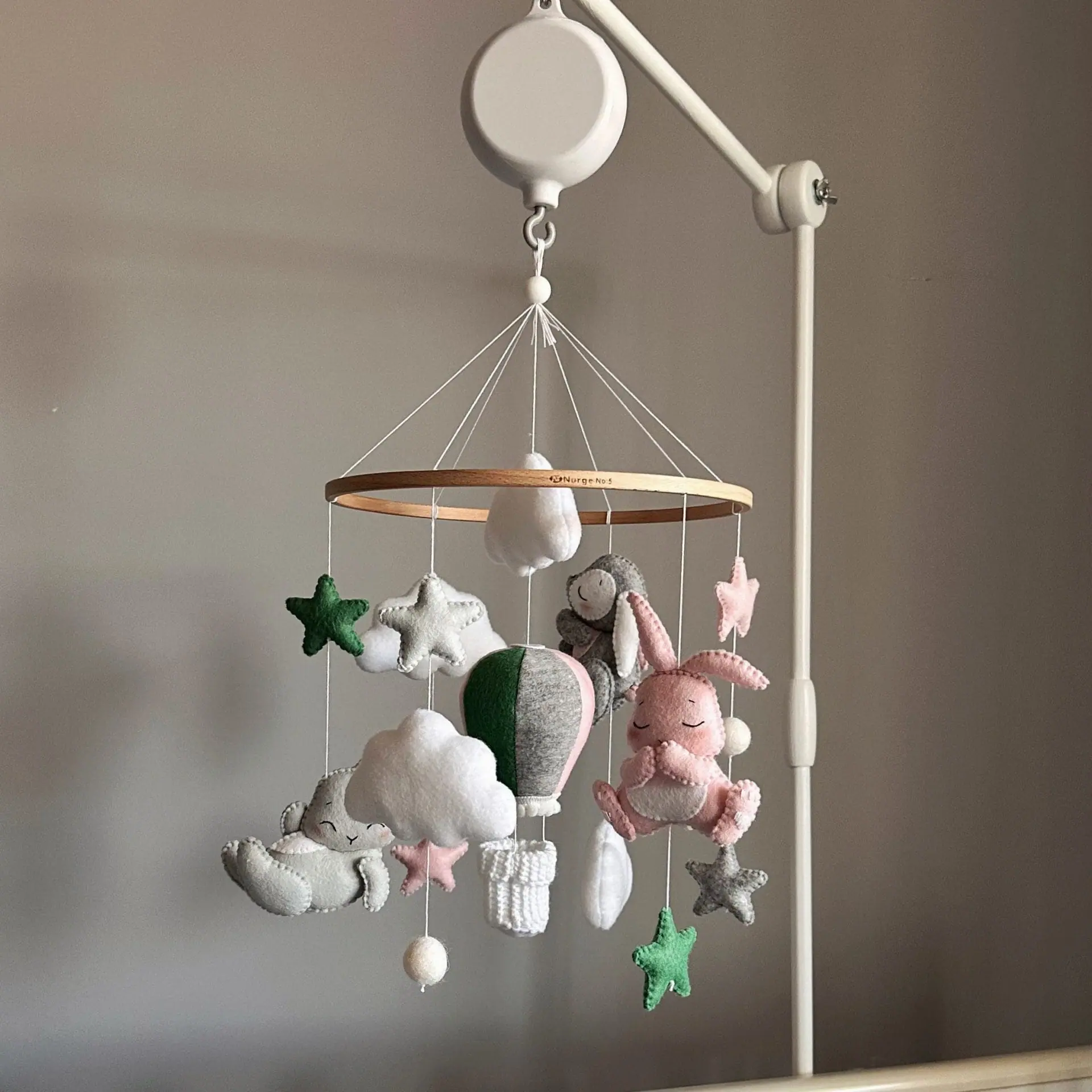 Handmade Felt Baby Mobile with Bunnies, Clouds & Hot Air Balloon