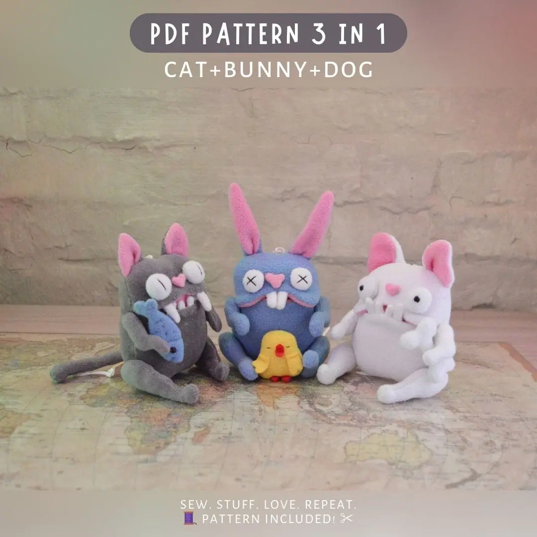 Fleece Friends Trio: Cat, Bunny & Dog Sewing Patterns