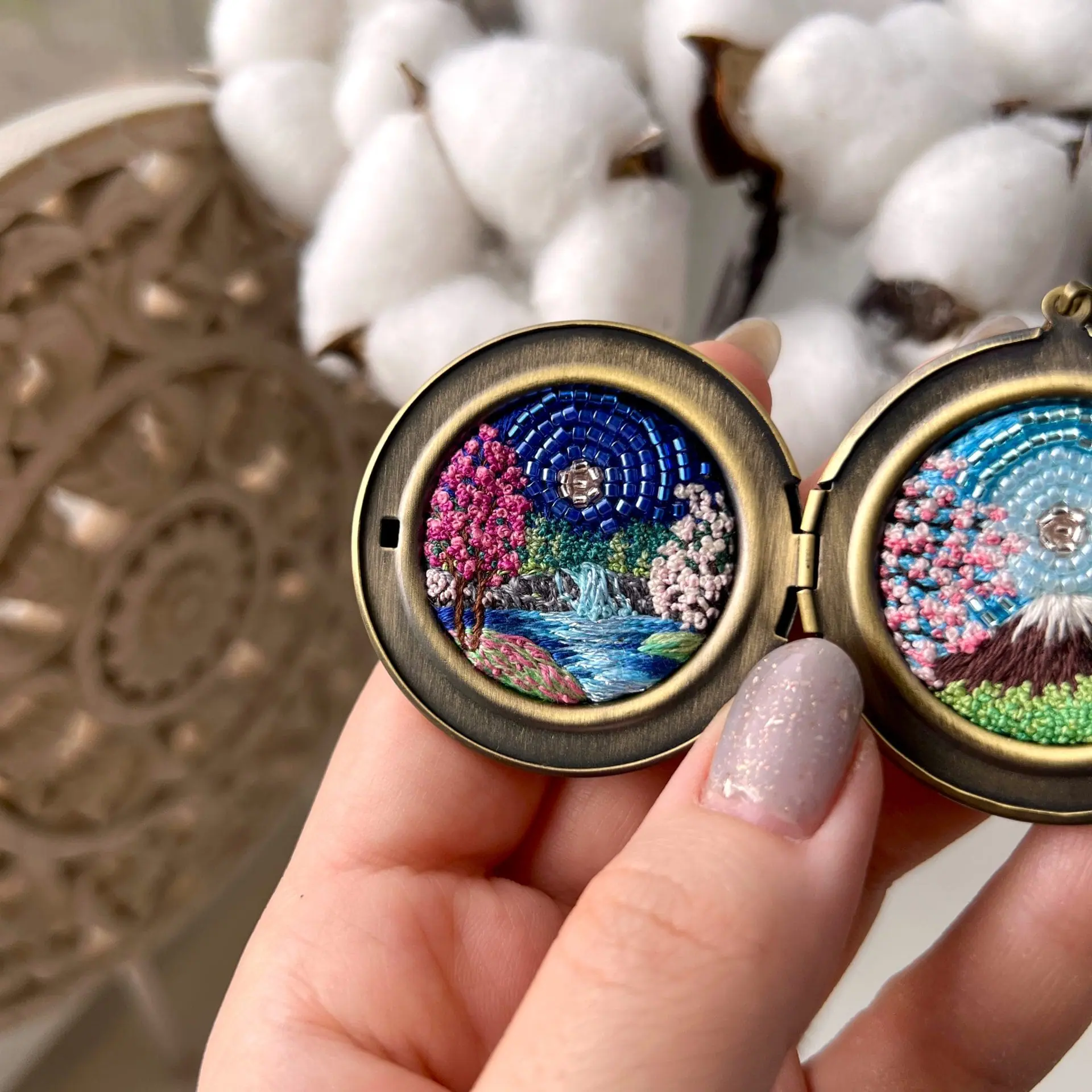 Hidden Portals to Spring, hand embroidered locket - Crealandia