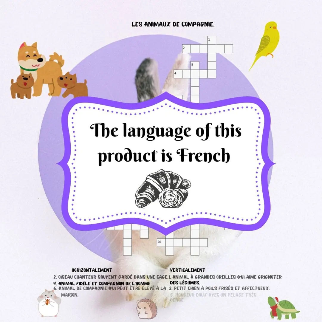 Puzzle Crossword Printable Domestic Animals in French.