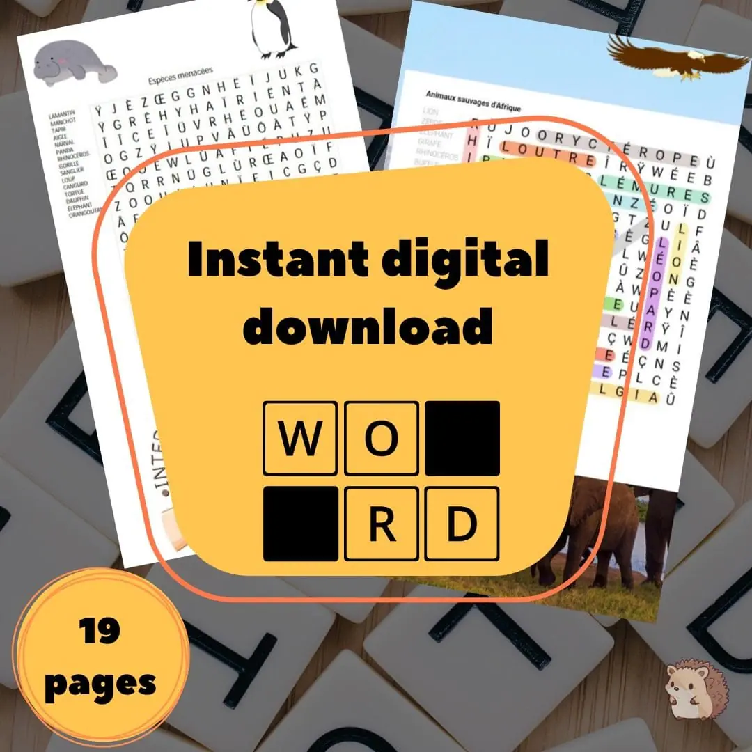 9 French Word Search Puzzles on the topic Animals.