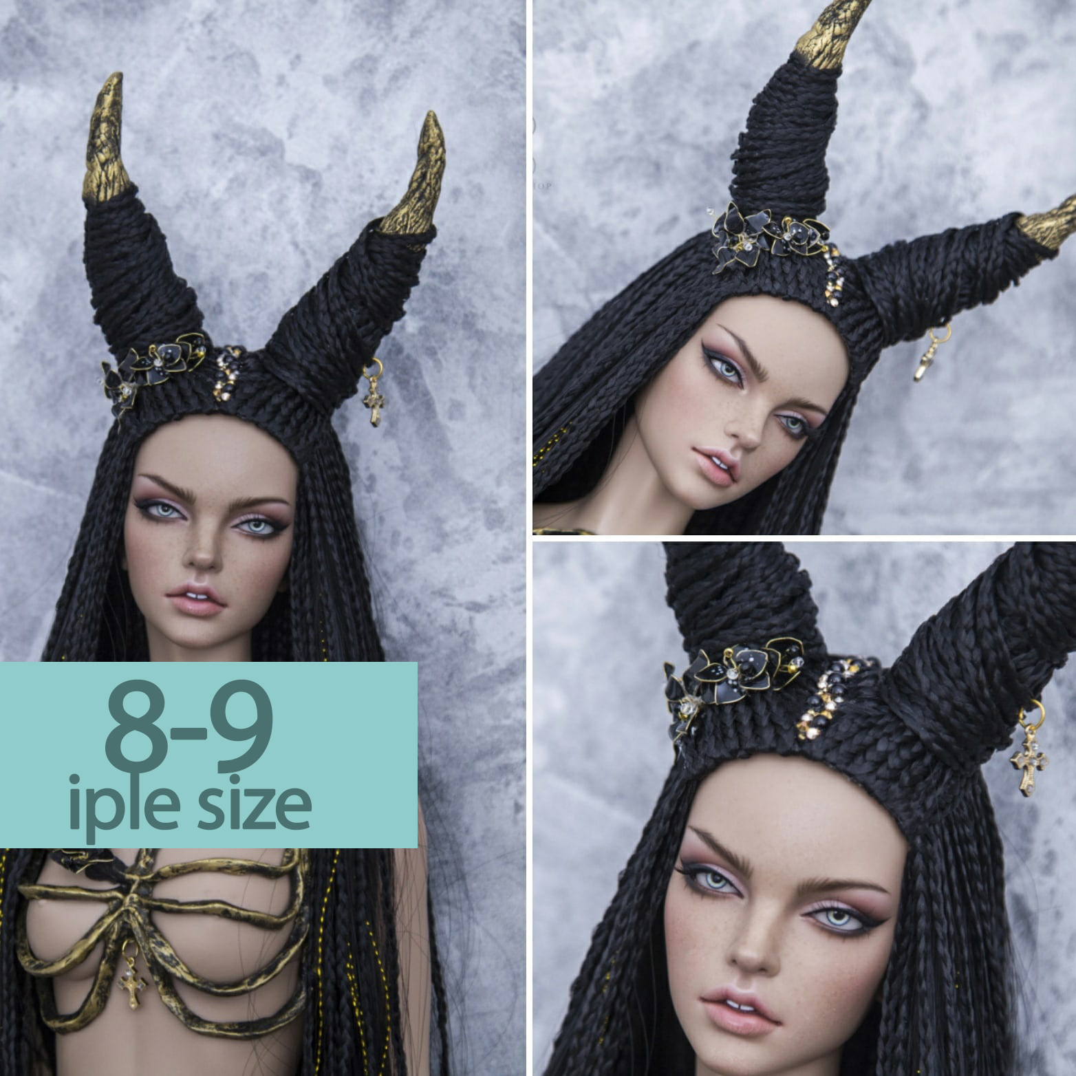 BJD Zi-Zi wig long Black with horns for head 8-9 (20,5c - DailyDoll Shop