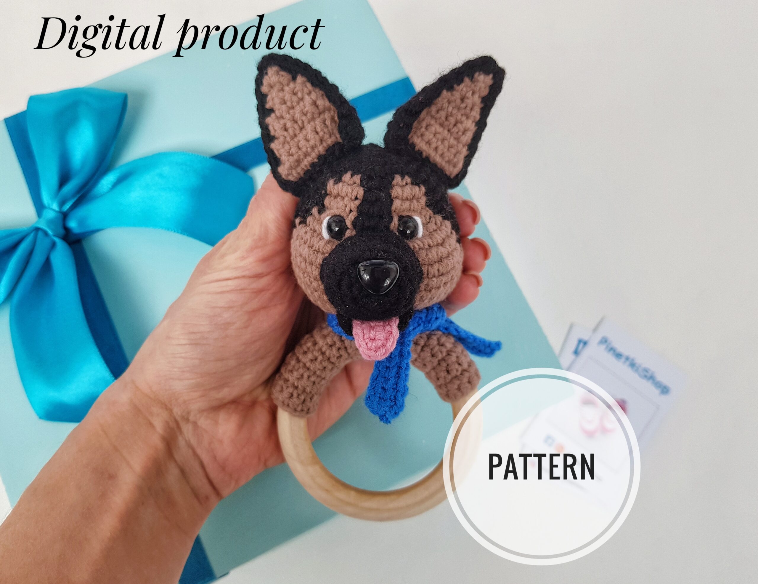 Crochet pattern baby rattle amigurumi Dog German Shepherd